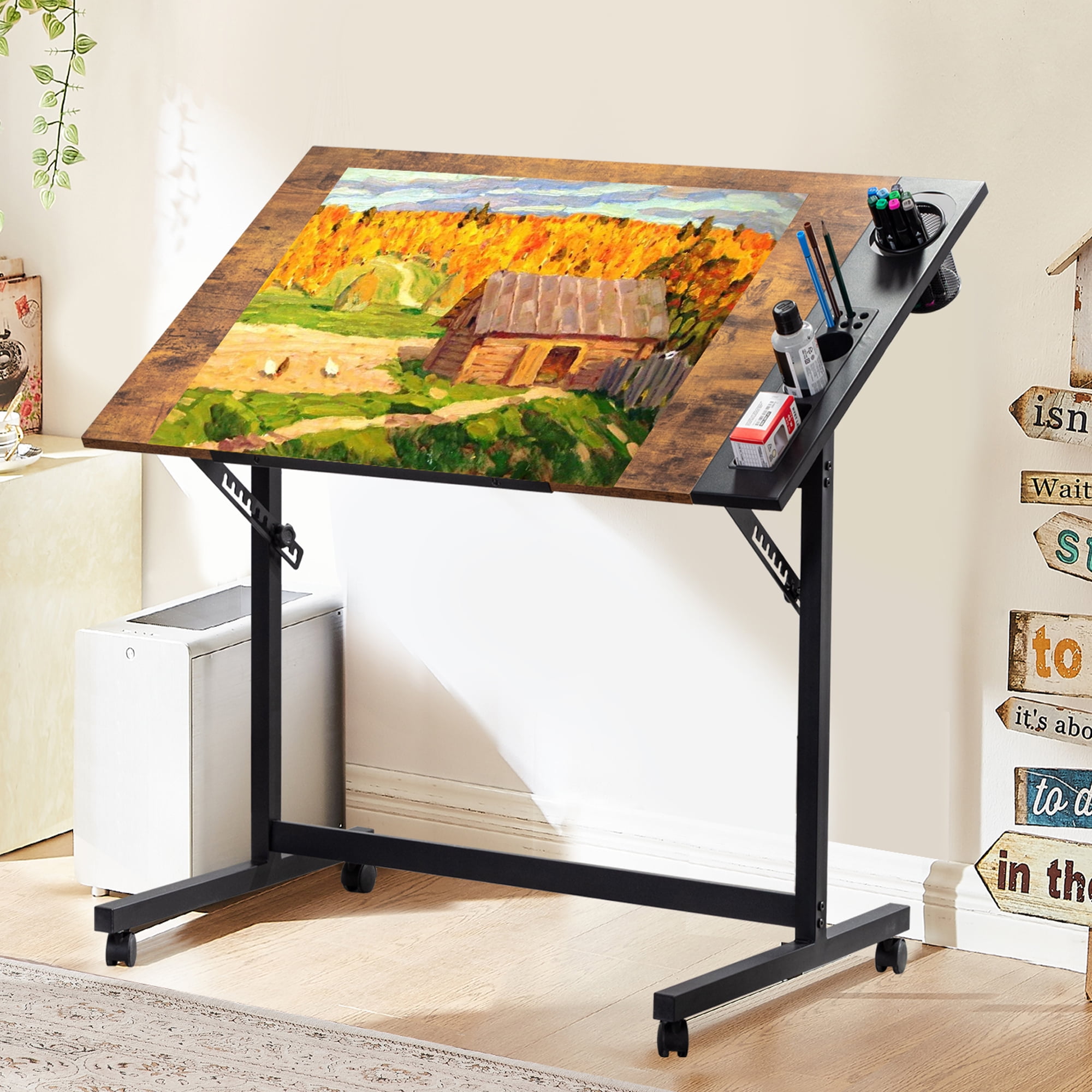 VECELO Drafting Table with Wheels, Adjustable Drawing Table Tiltable ...