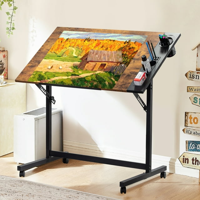 VECELO Drafting Table with Wheels, Adjustable Drawing Table Tiltable ...