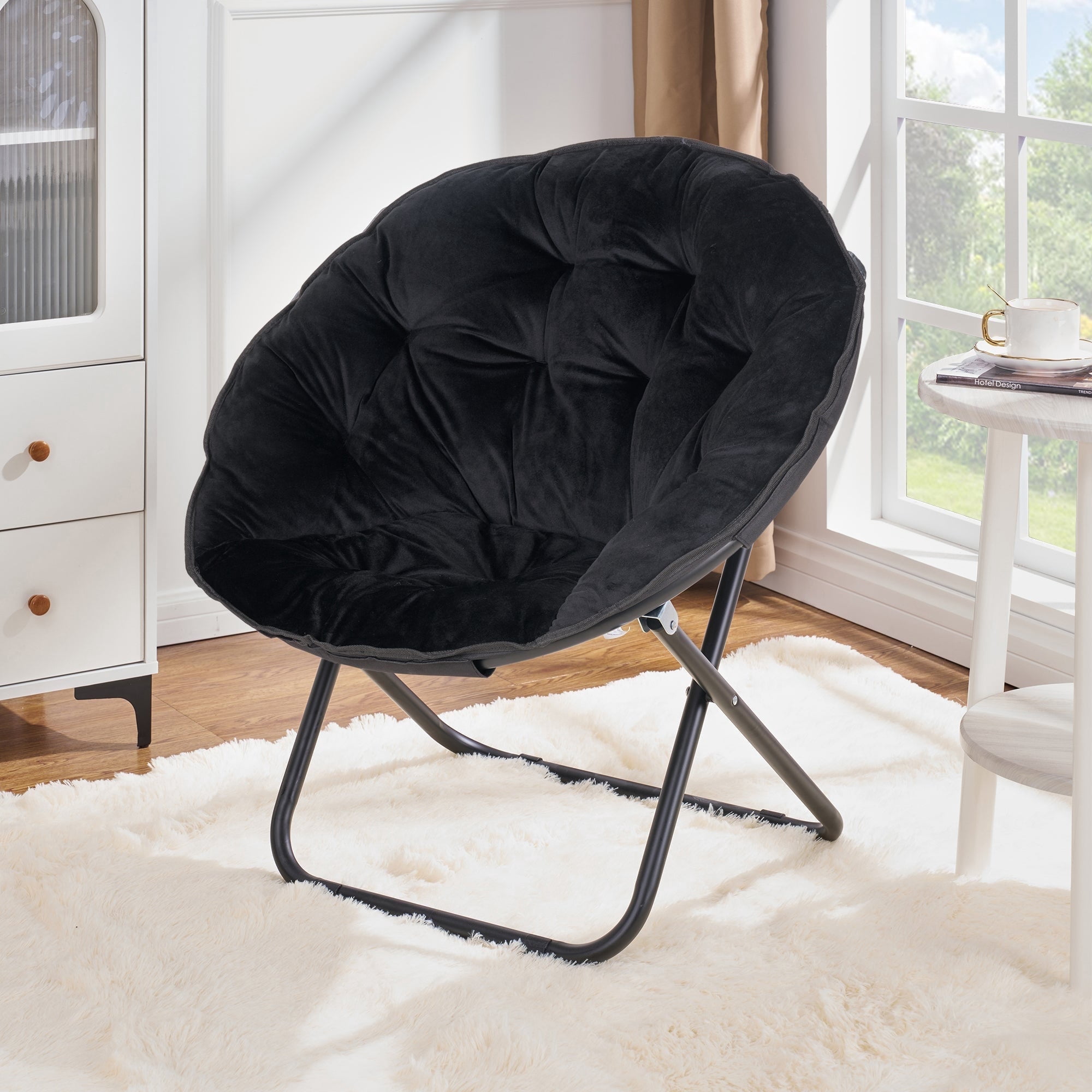 VECELO Folding Chair, Soft Faux Fur Saucer Chair with Metal Frame ...