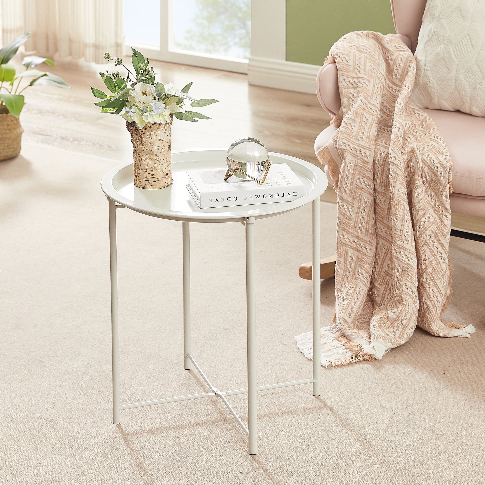 VECELO Small Round Side End Table, Folding Metal Coffee Table with ...