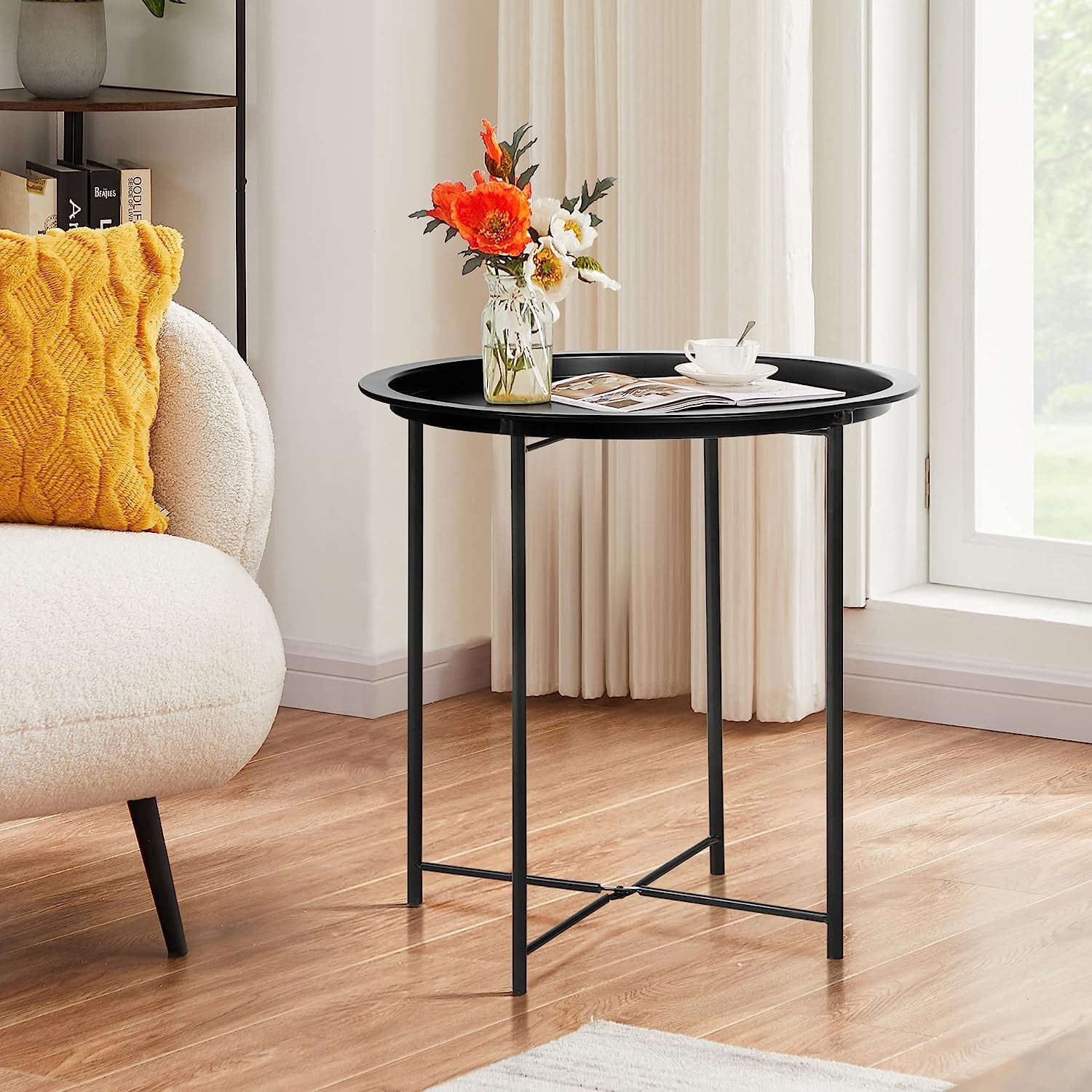 VECELO Small Round Side End Table, Folding Metal Coffee Table with ...