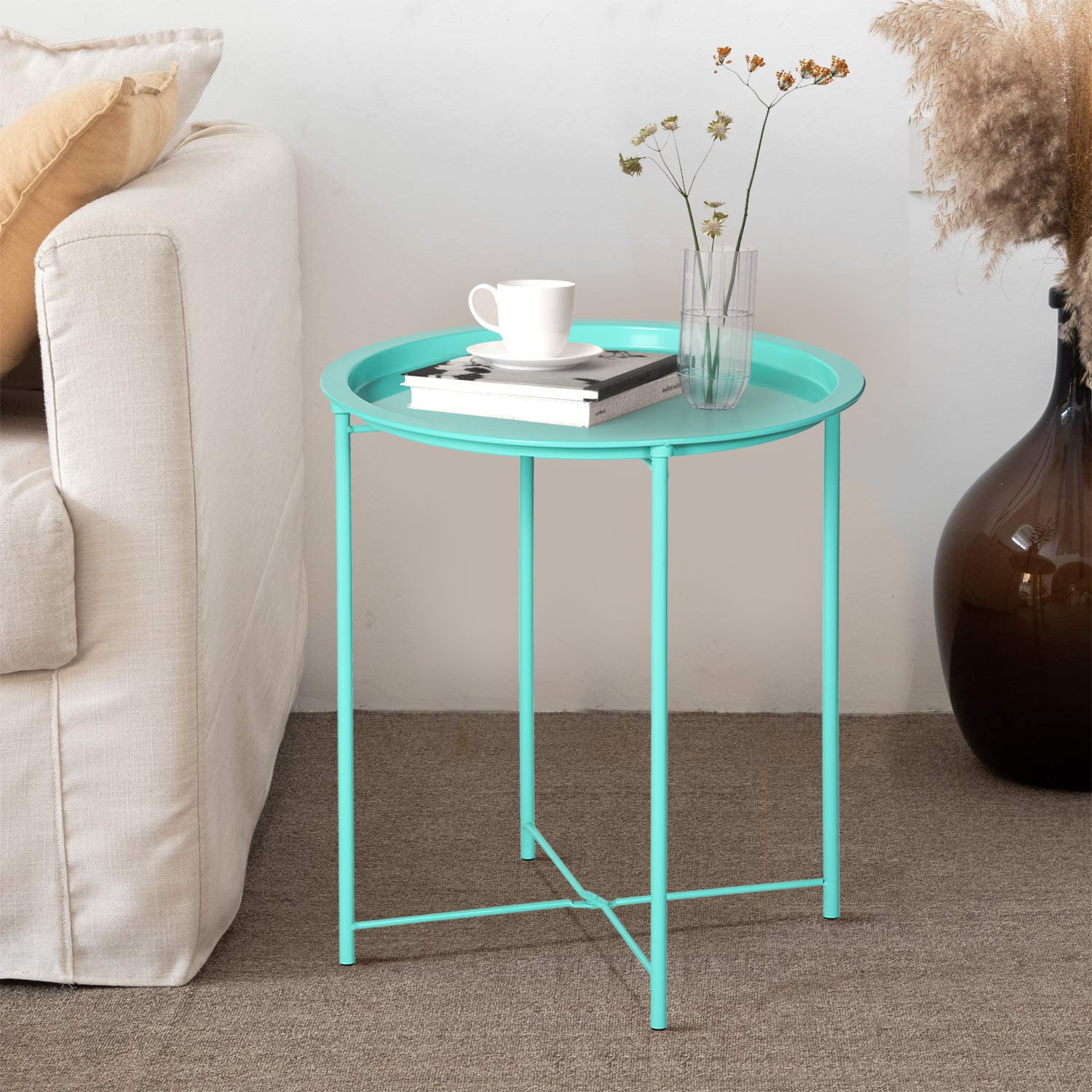 VECELO Small Round Side End Table, Folding Metal Coffee Table with ...