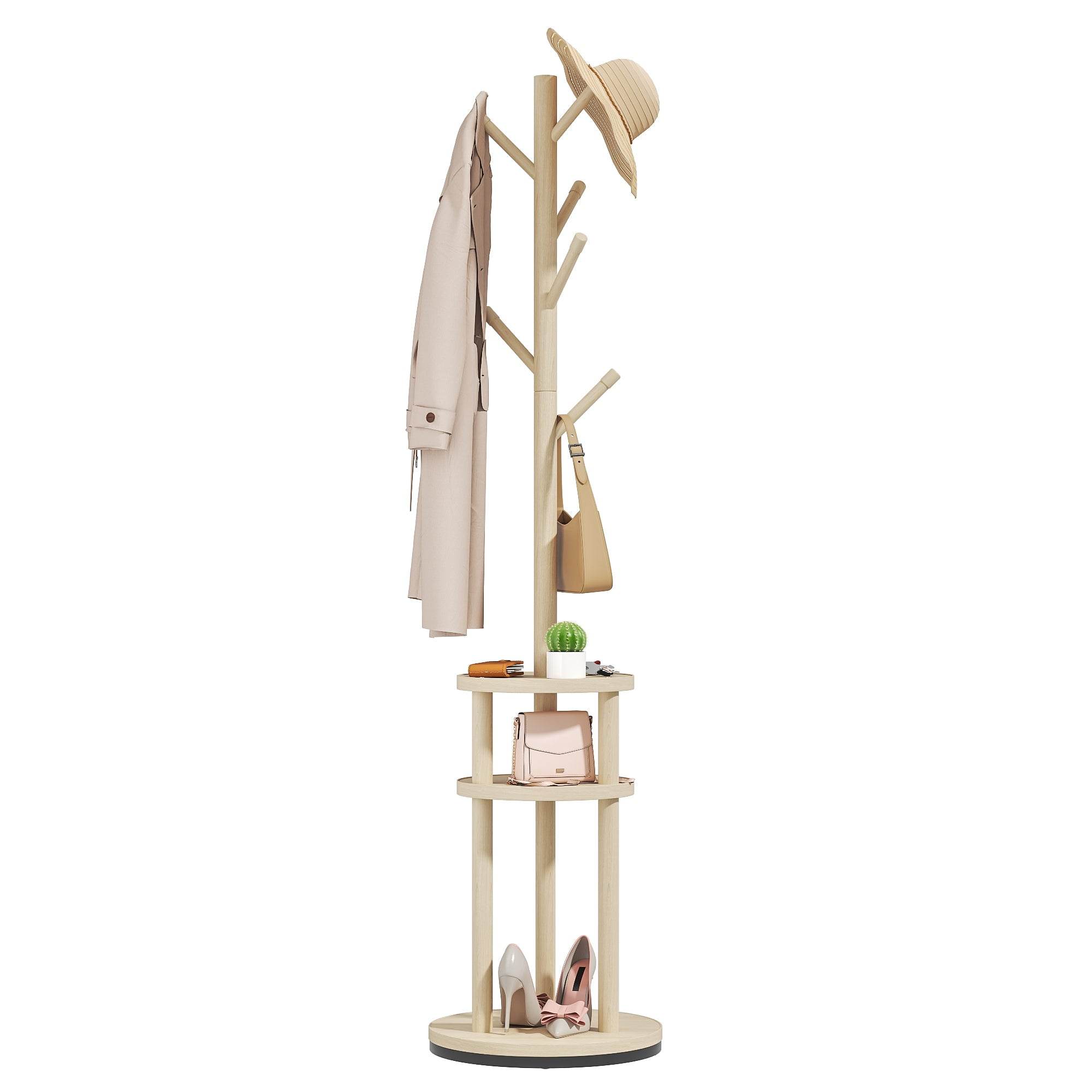 VECELO Freestanding Coat Rack, Rotating Base With 6 Hooks, Entryway ...