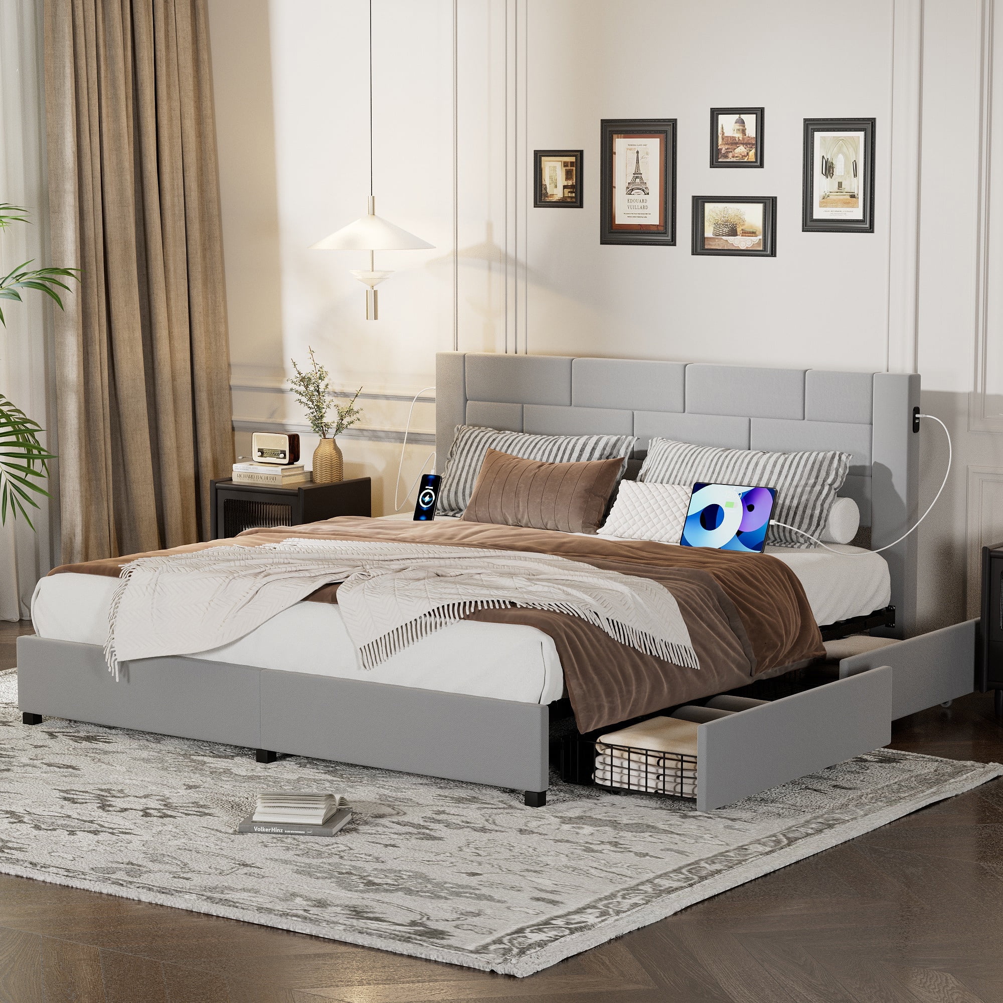 VECELO Full Size Bed Frame with 4 Storage Drawers, Tufted Upholstered ...