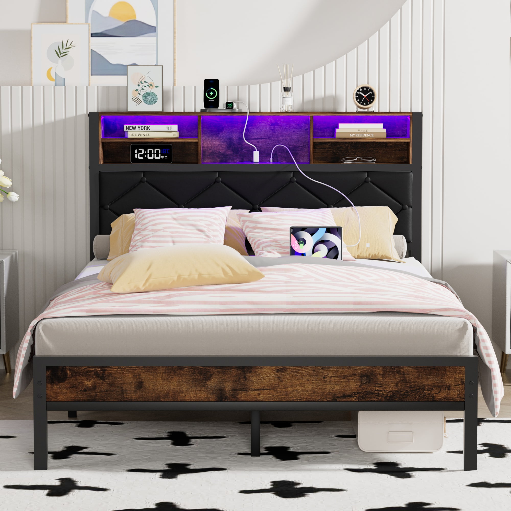 VECELO Full Bed Frame with Bookcase Headboard, Metal Platform Bed with ...