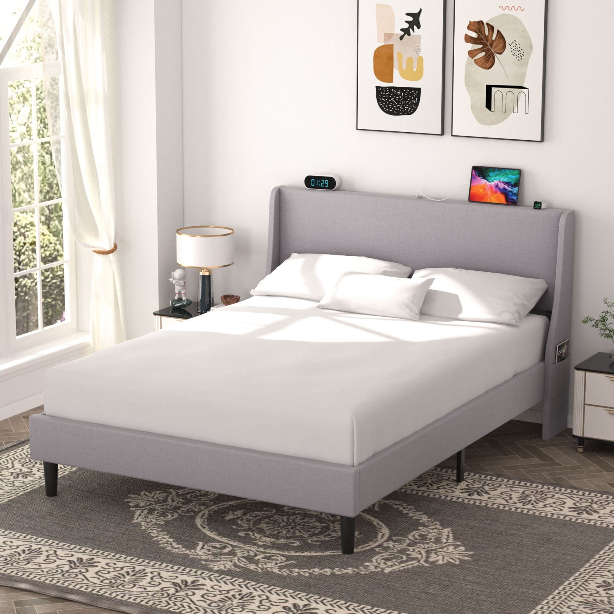 VECELO Full Bed Frame with Type-C & USB Ports, Upholstered Platform Bed ...
