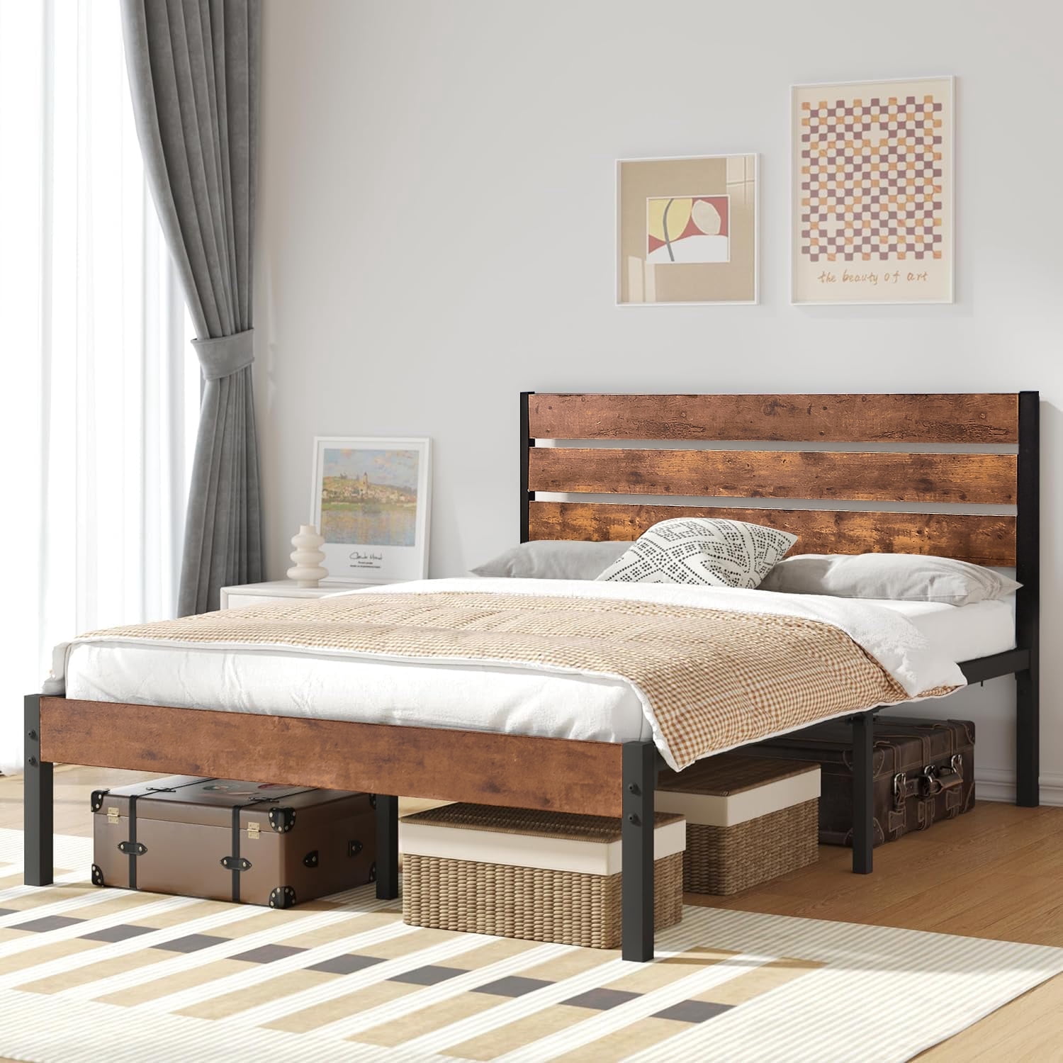 VECELO Farmhouse Full Bed Frame with Iron Wood Headboard, Industrial ...
