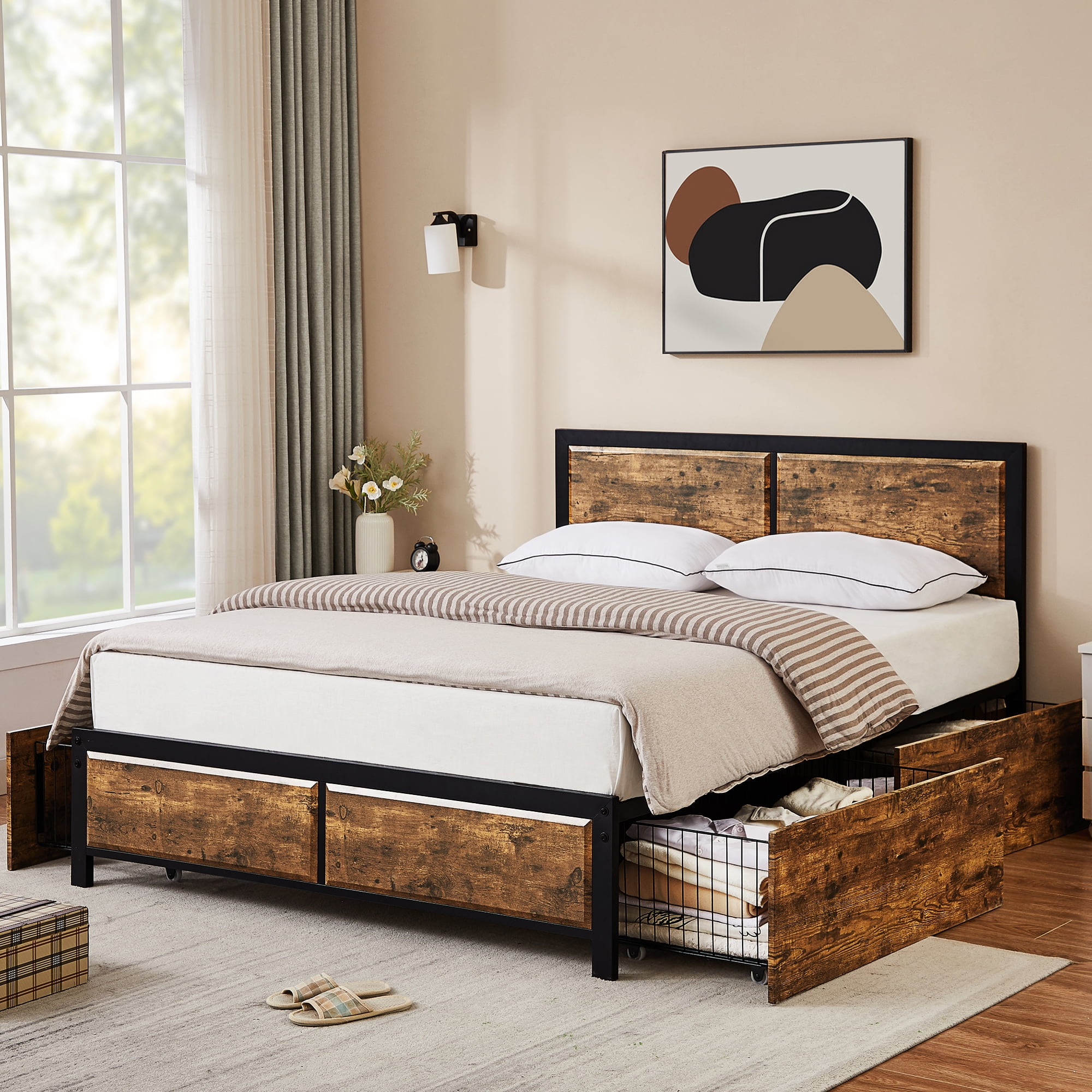 VECELO Full Size Bed Frame with 4 Storage Drawers, Modern Industrial ...