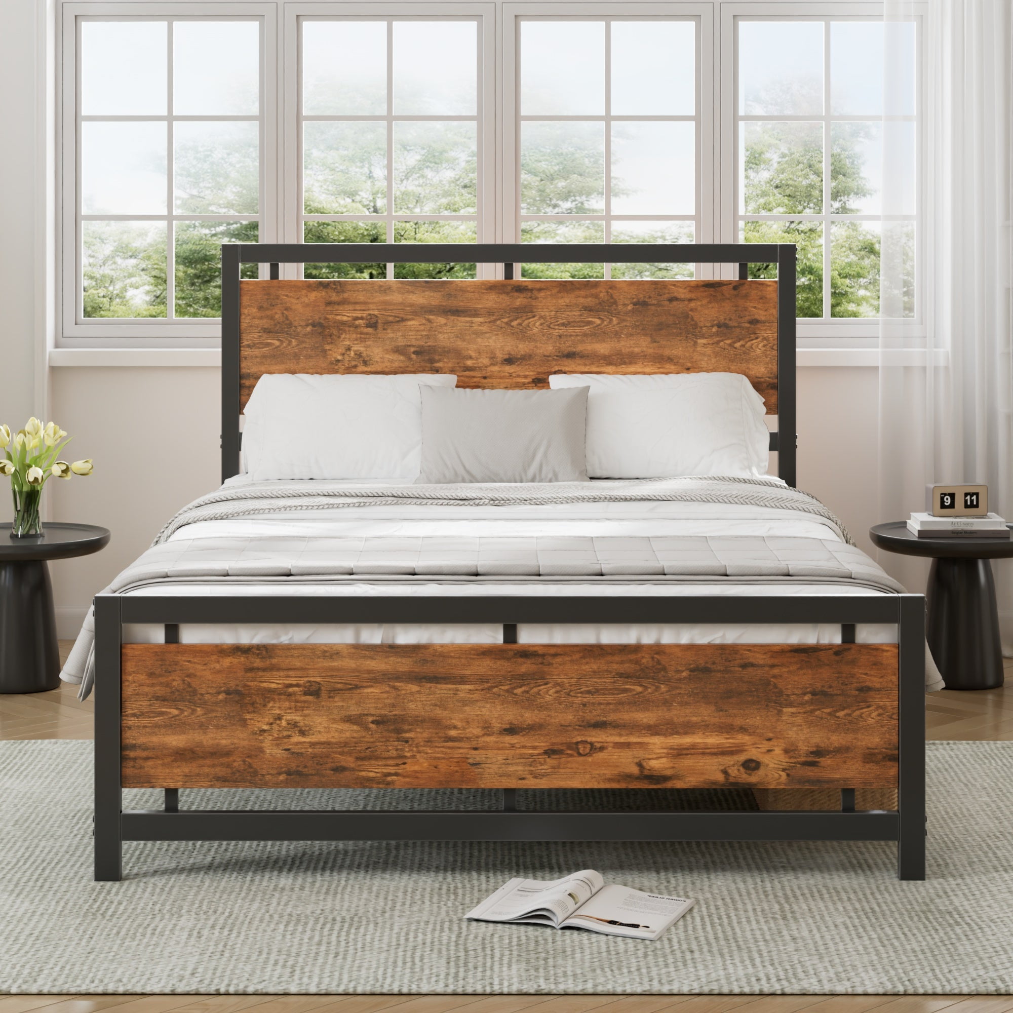 VECELO Full Size Bed Frame, Metal Platform Bed Frame Wooden Headboard ...