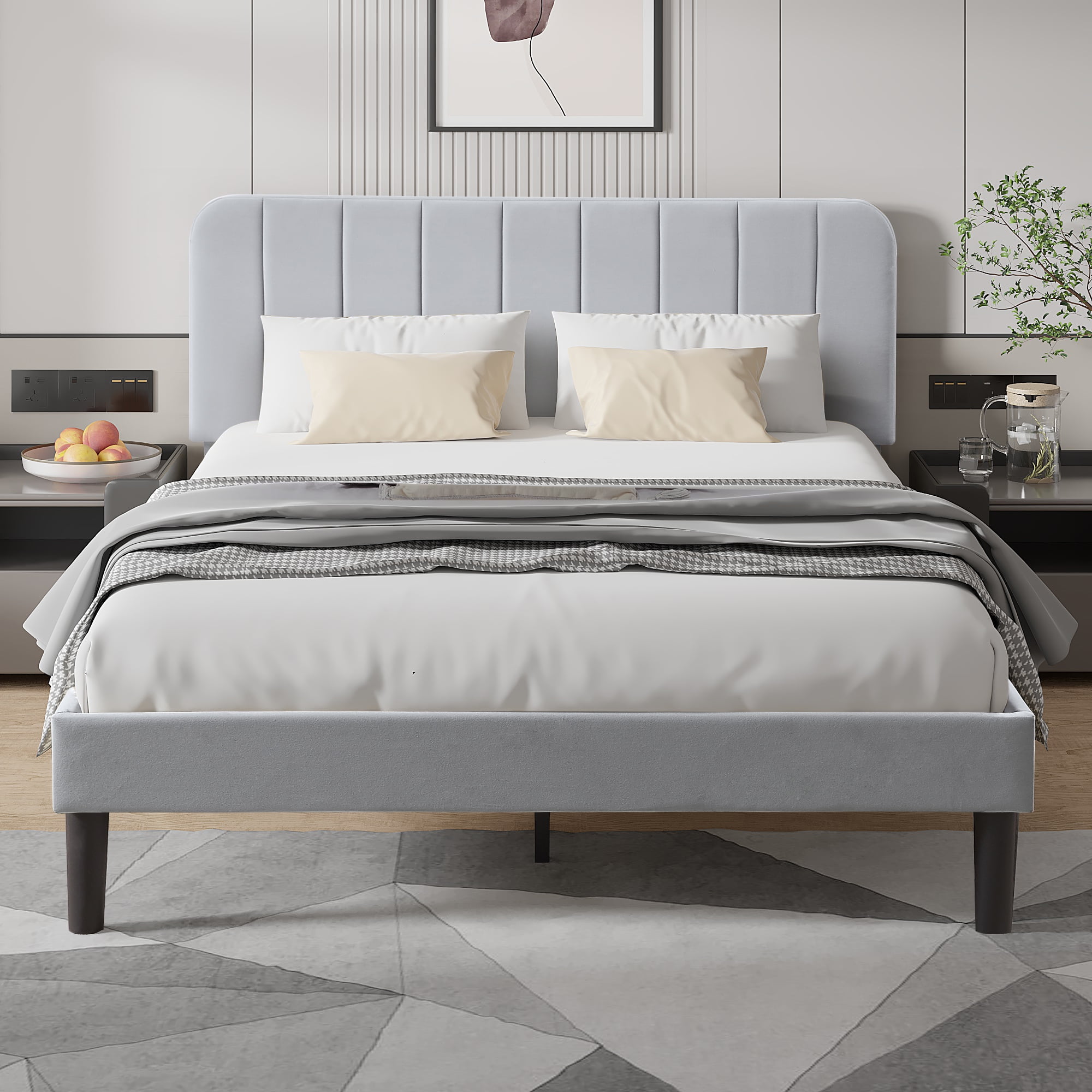 VECELO Full Size Bed Frame, Upholstered Platform Bed Frame with ...