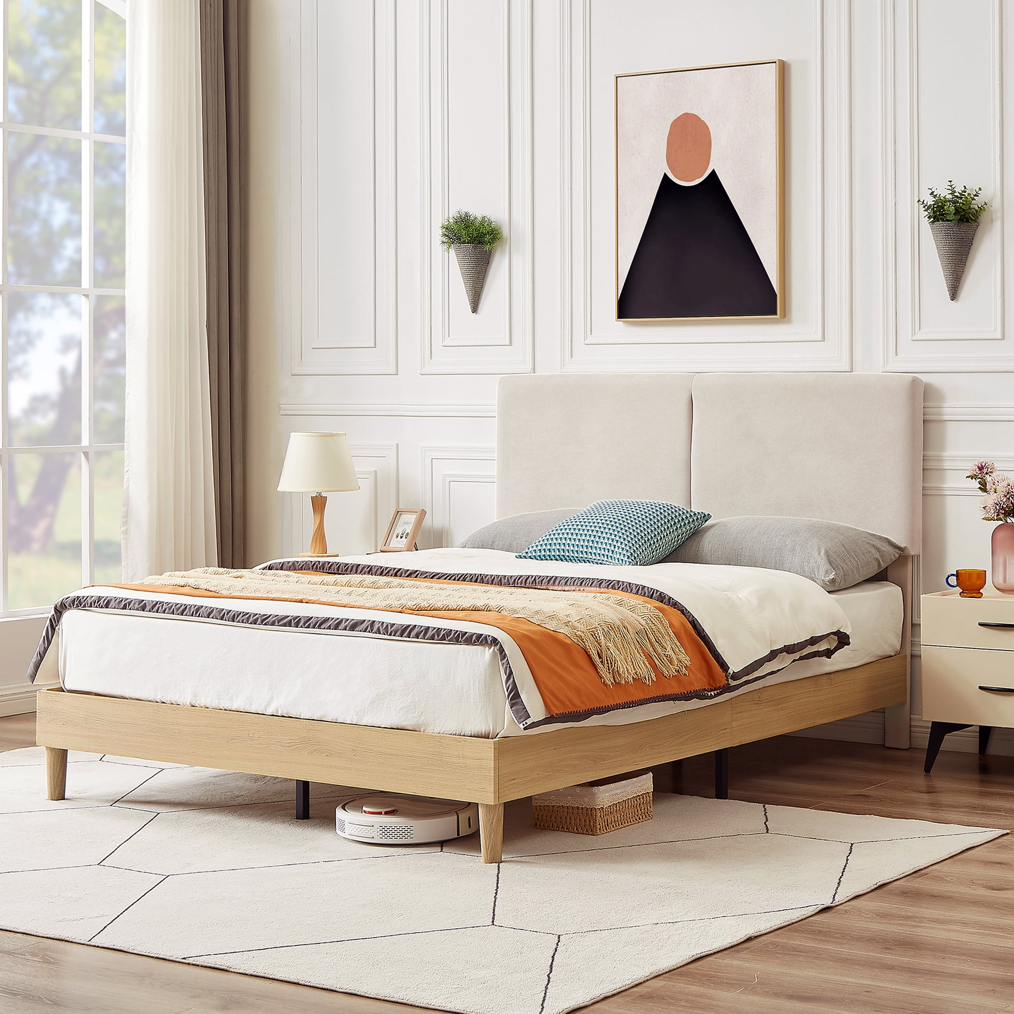 VECELO Full Size Bed Frame with Upholstered Linen Fabric Adjustable ...