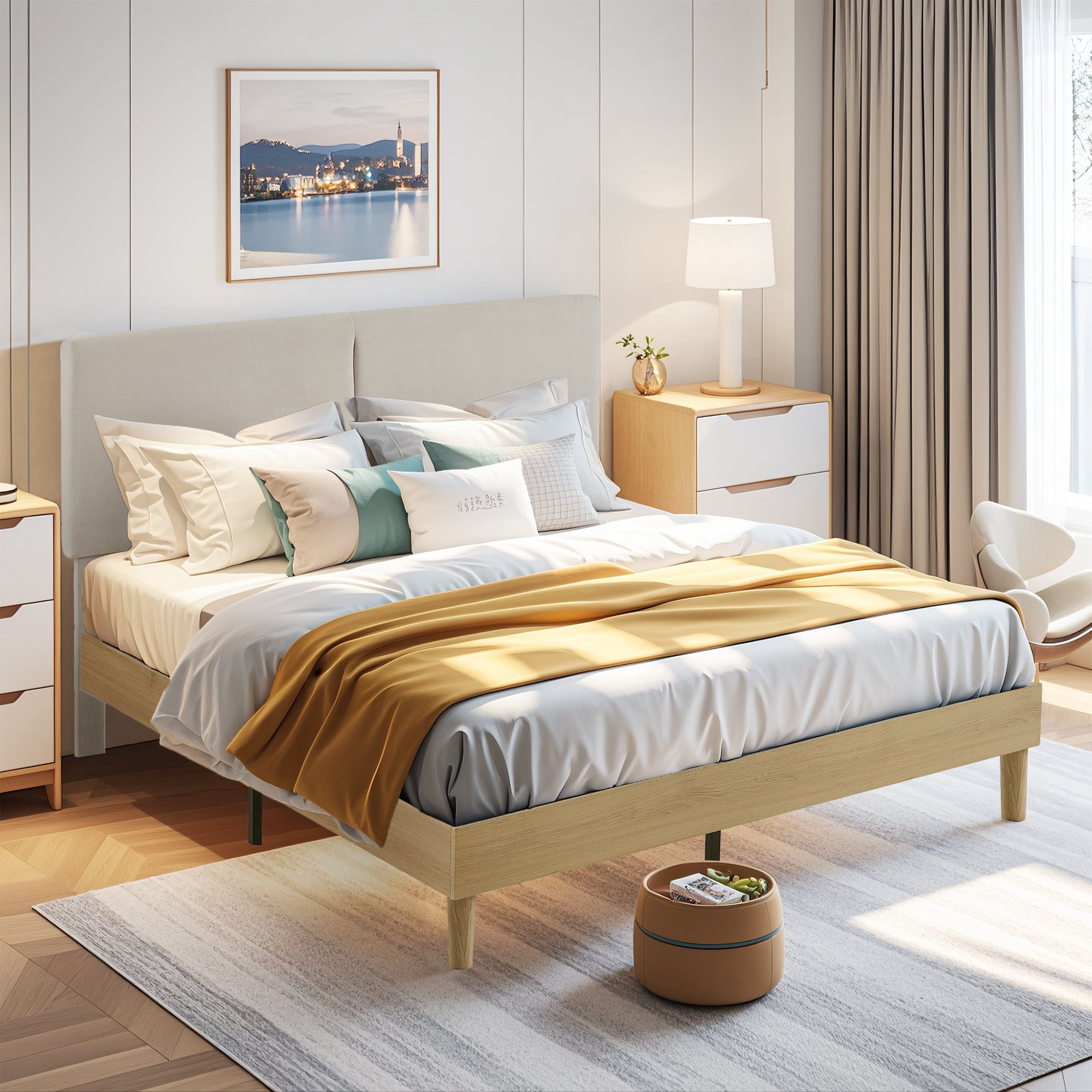 VECELO Full Size Bed Frame with Upholstered Linen Fabric Adjustable ...
