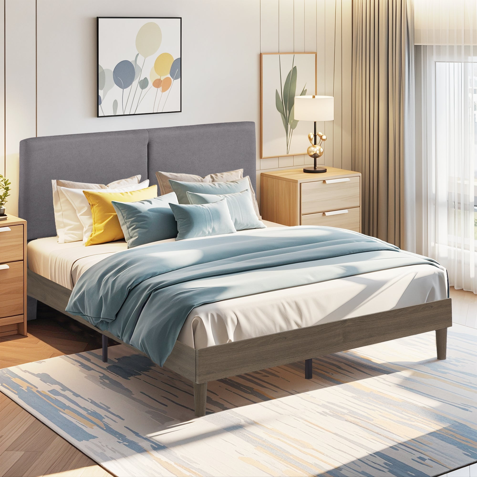 VECELO Full Size Bed Frame with Upholstered Linen Fabric Adjustable ...