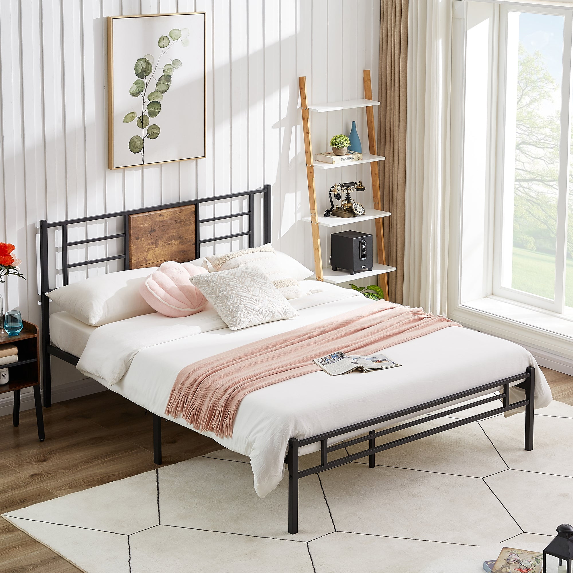 VECELO Full Size Bed Frame with Wood Headborad, Metal Platform Bed with ...