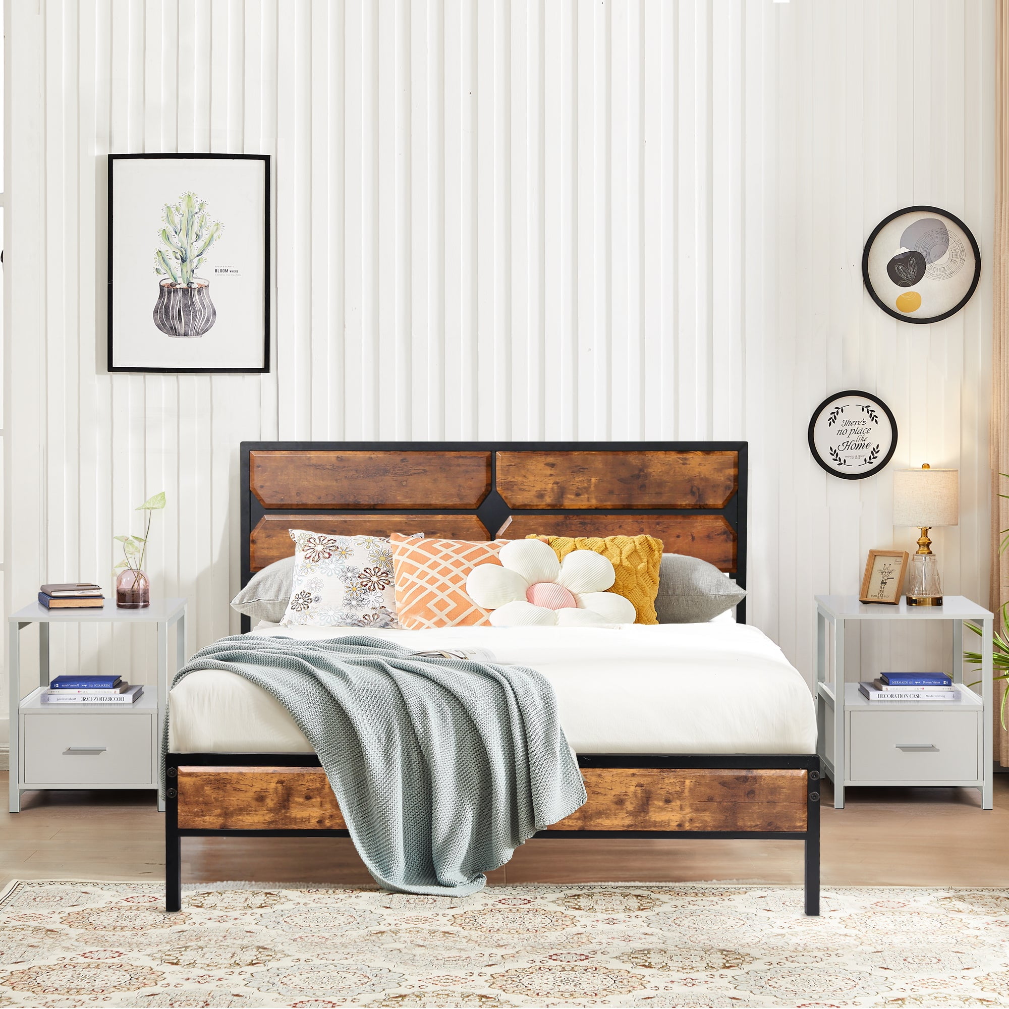 VECELO Full Size Bedroom Set, Platform Bed Frame and 2 Nightstands (Set ...