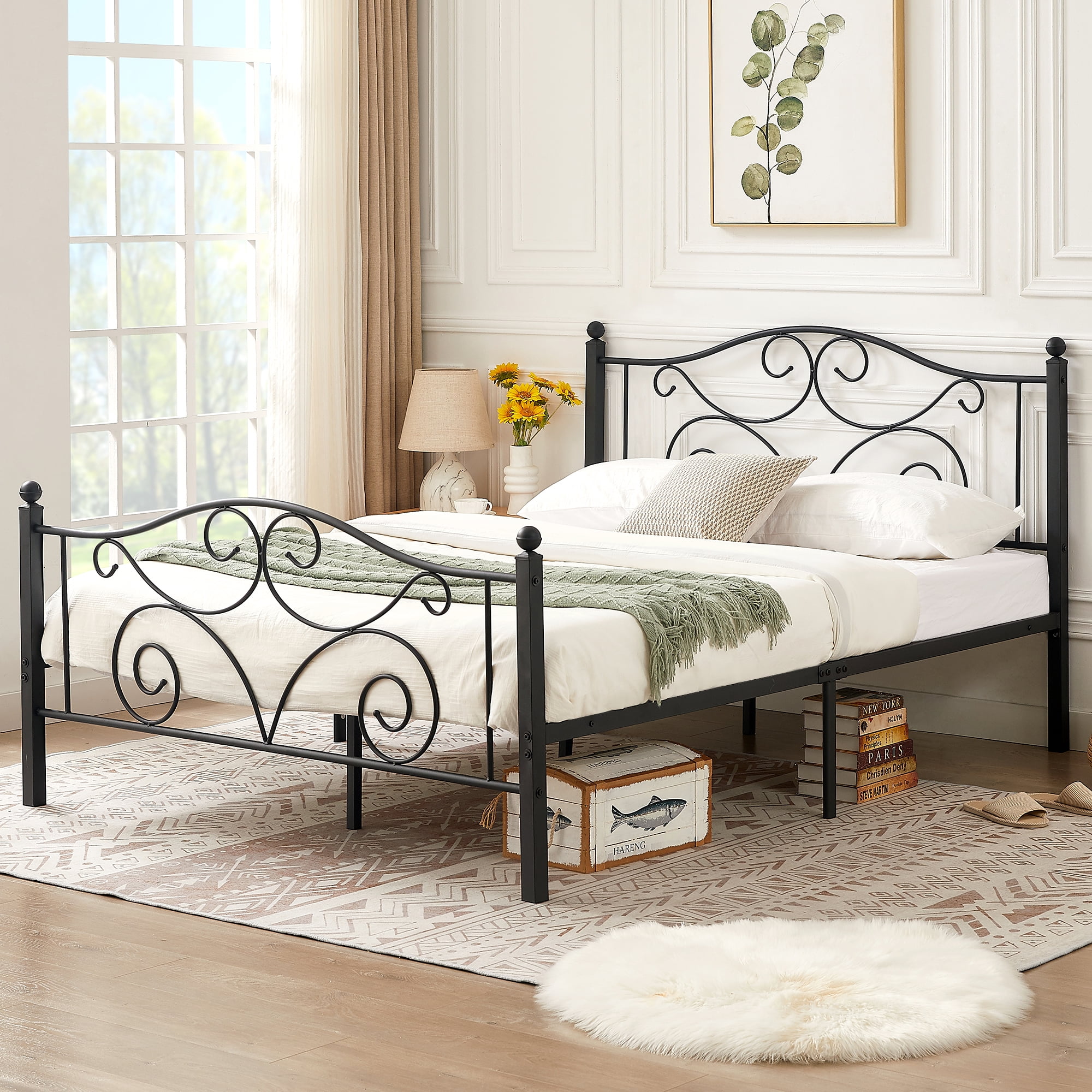 VECELO Full Size Iron Bed Frame with Slats, Decorative Headboard ...
