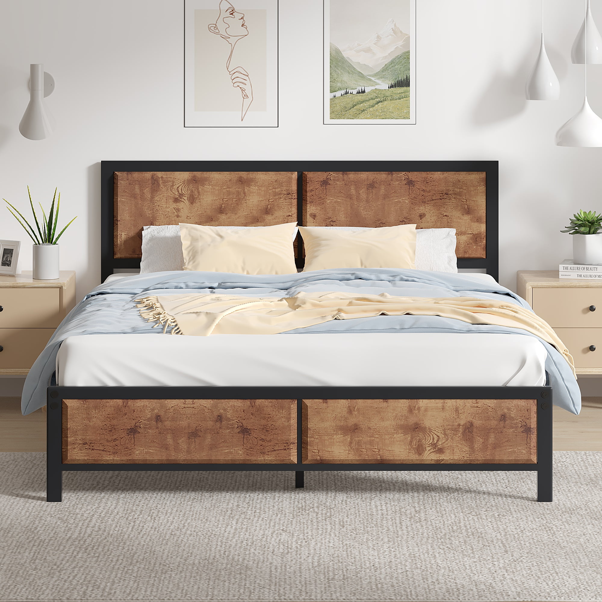VECELO Full Size Iron & Wood Bed Frame, Industrial Style, No Box Spring ...
