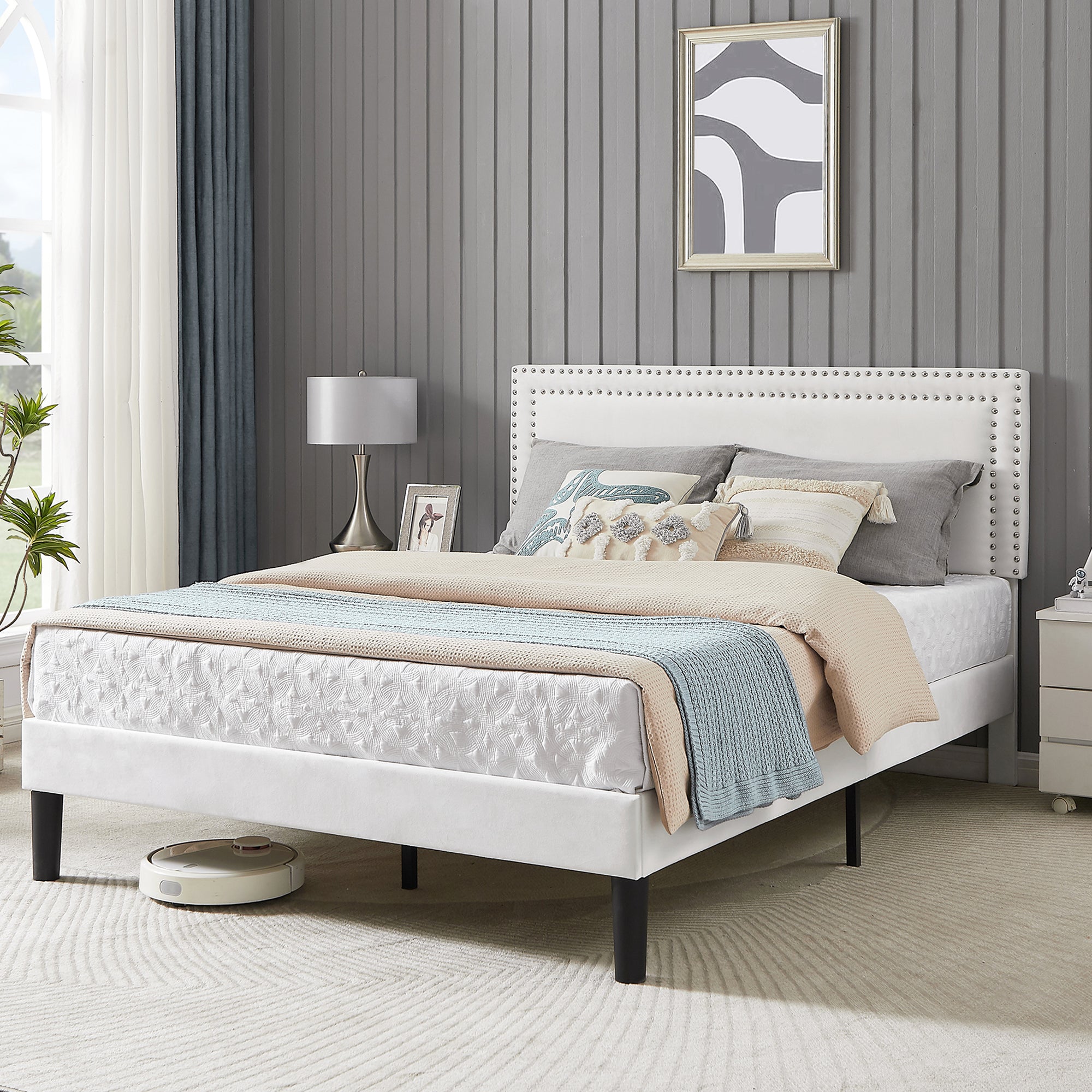 VECELO Full Size Platform Bed Frame with Adjustable Height Upholstered ...