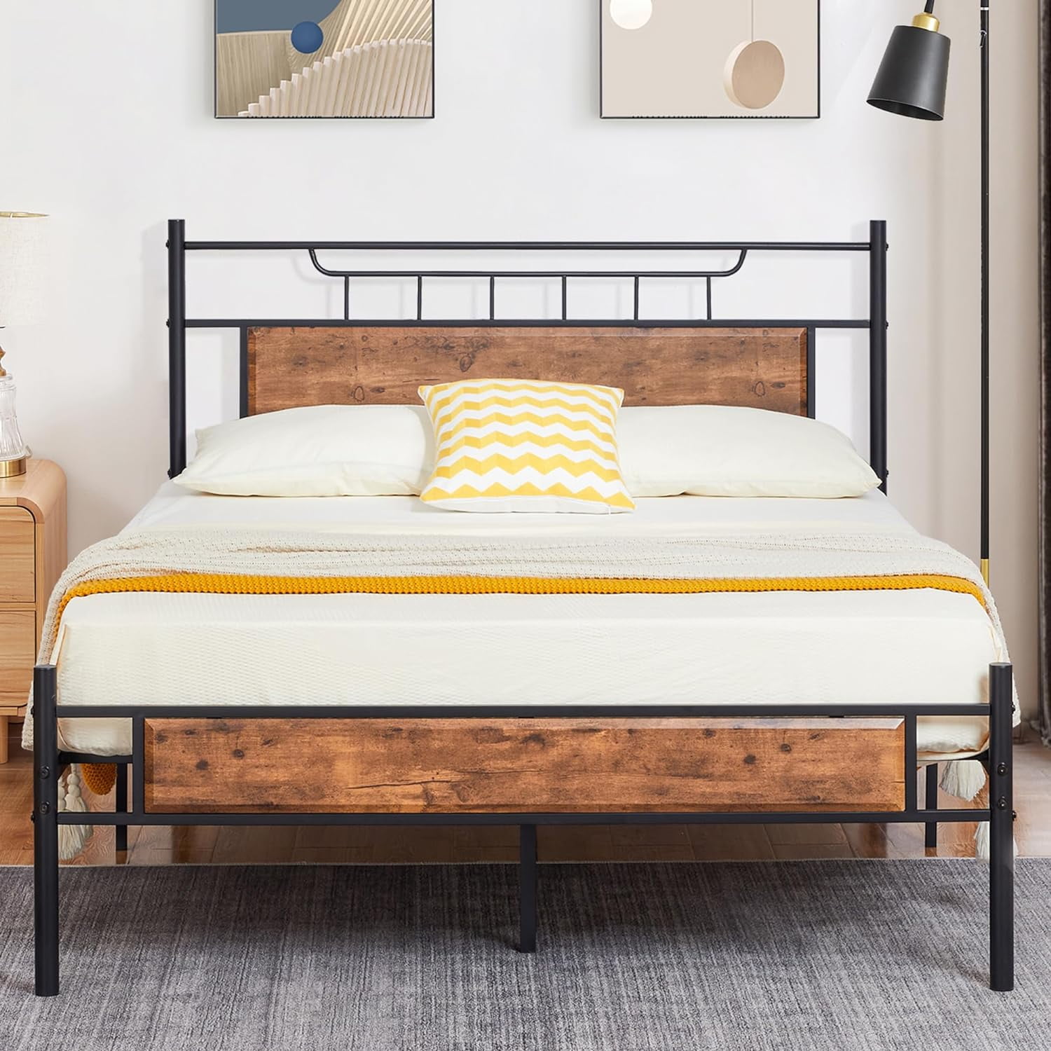 VECELO Full Size Platform Bed Frame with Wood Headboard/Mattress ...