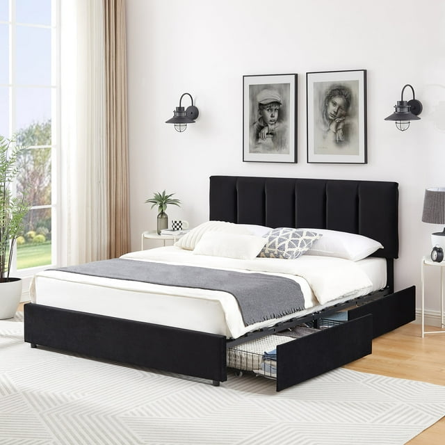 VECELO Full Size Storage Bed Frame with 4 Drawers, Upholstered Platform ...