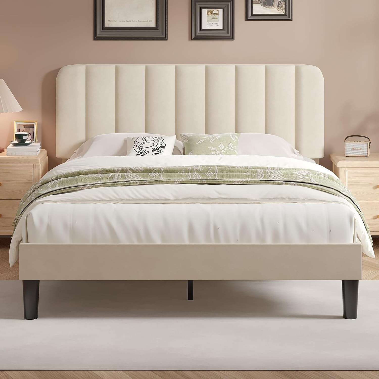 VECELO Full Size Upholstered Bed Frame with 4 Drawers and Headboard ...