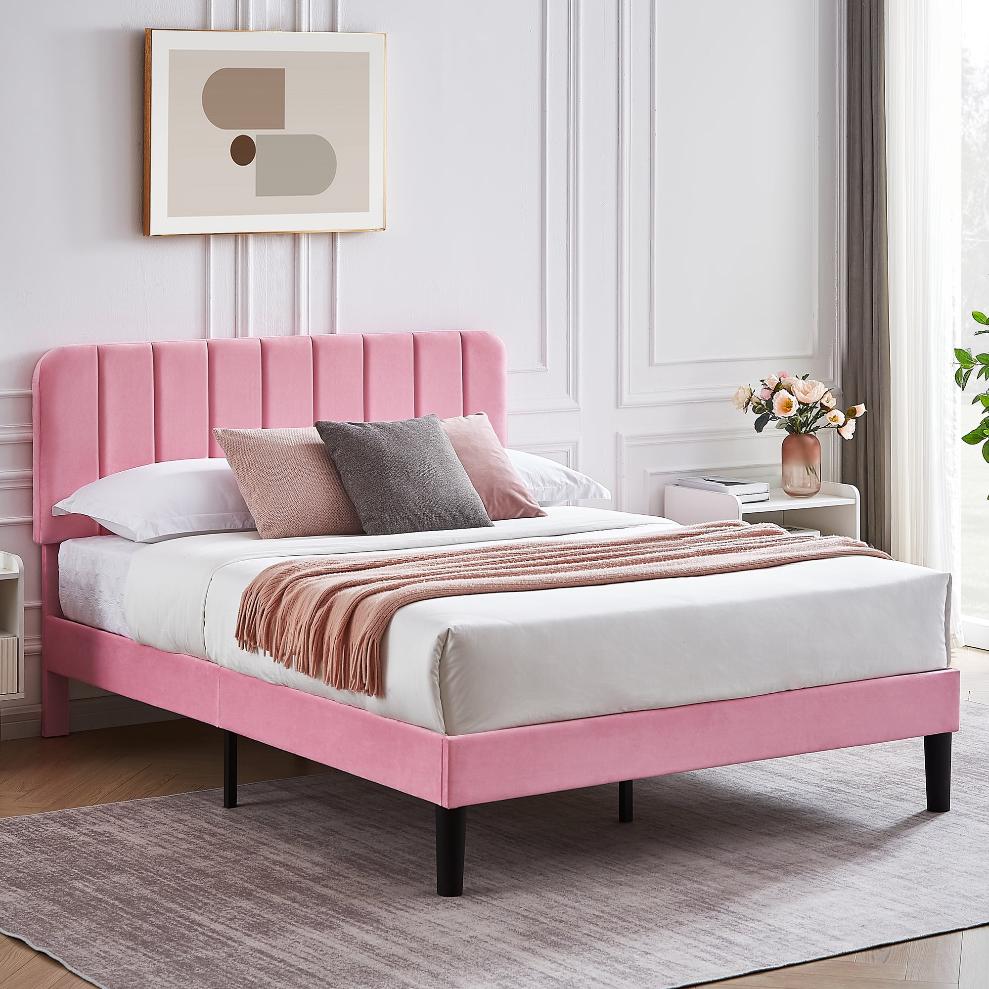 VECELO Upholstered Full Size Bed Adjustable Headboard No Box Spring Needed Pink Walmart Business Supplies