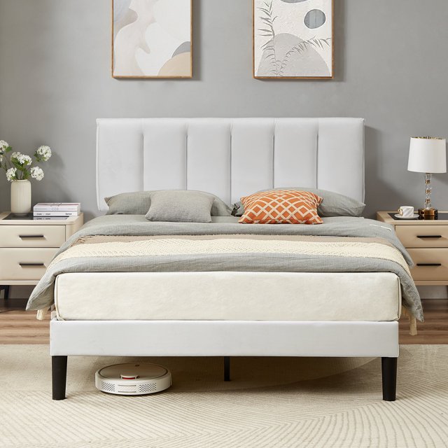 VECELO Full Size Upholstered Bed Frame with Adjustable Headboard, No ...