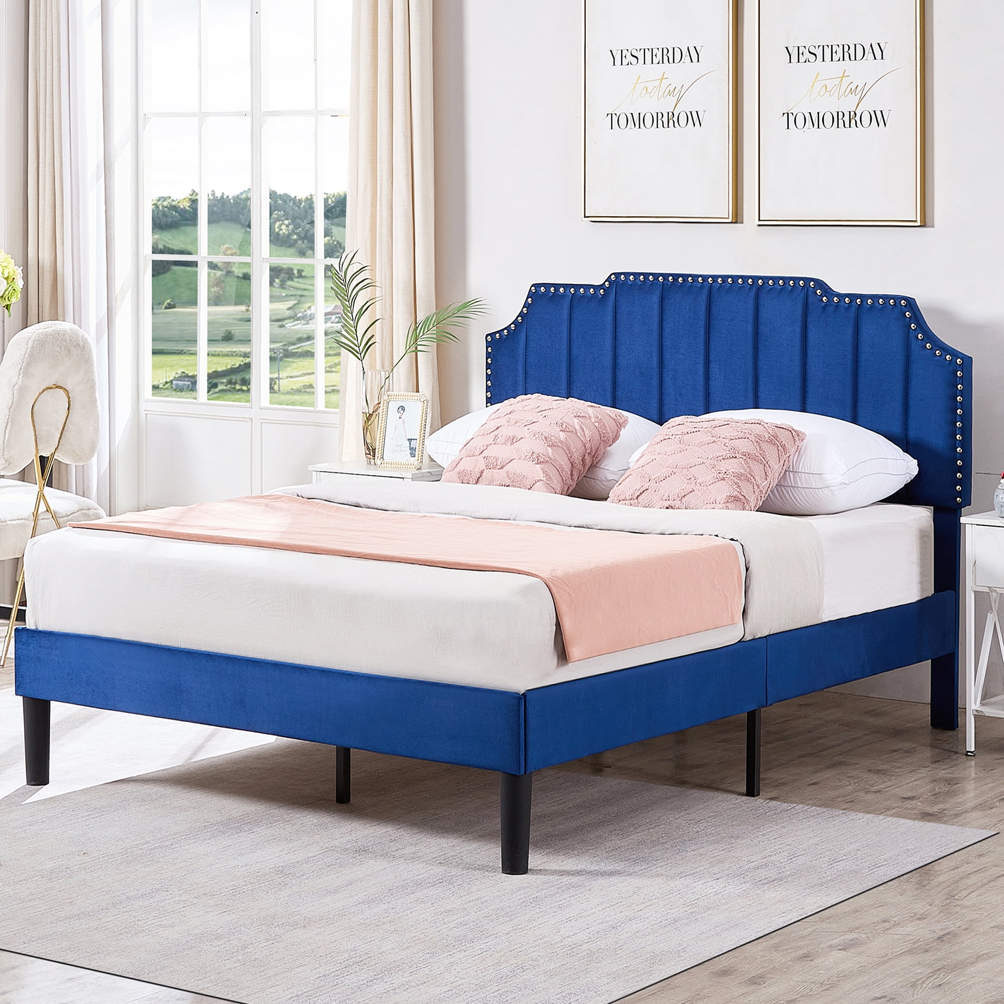 VECELO Full Upholstered Platform Bed Frame, Height Adjustable Nailhead ...