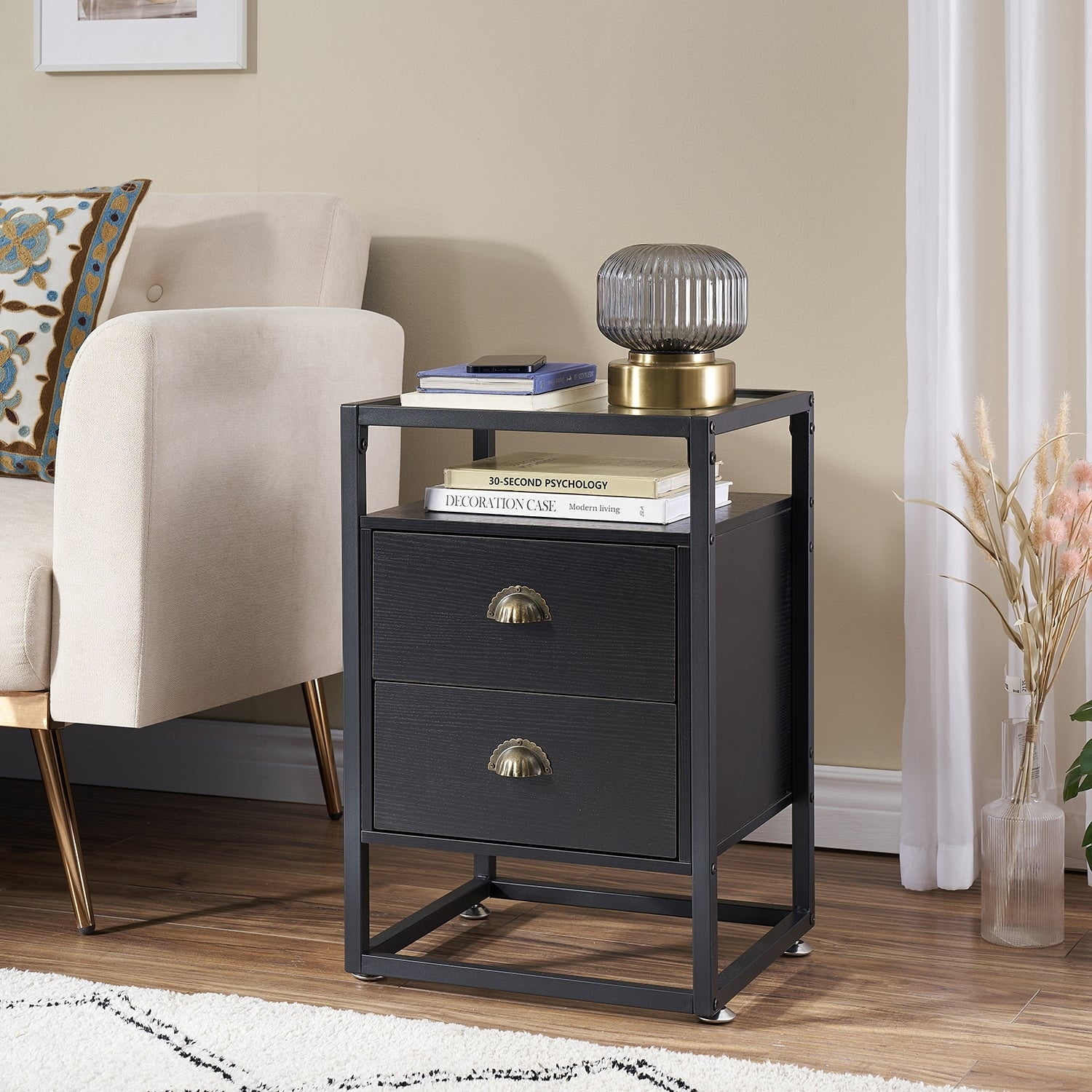 VECELO Javlergo Tempered Glass Top Nightstand with 2-Drawer and Open ...