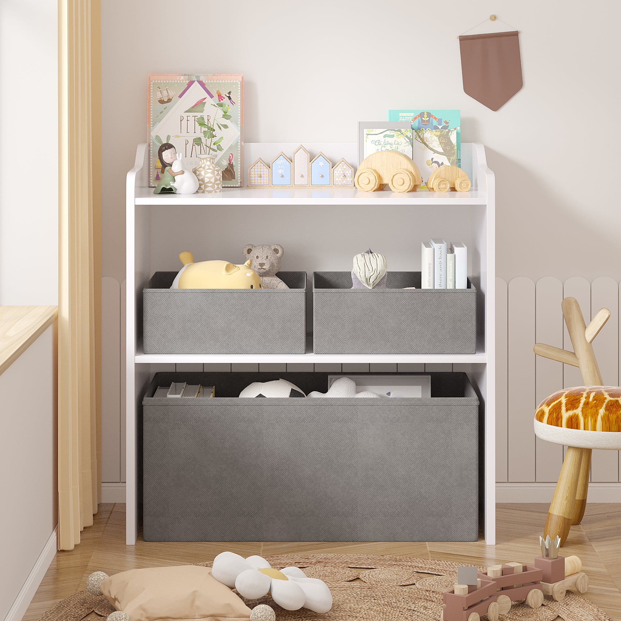 VECELO Kids Bookshelf, Wooden Bookcase with 3 Collapsible Fabric ...