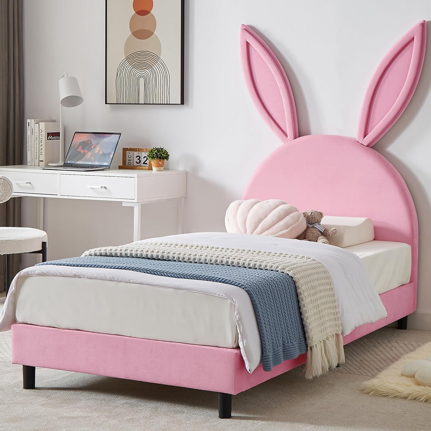 VECELO Kids Twin bed Frame with Upholstered Headboard, Beds for Girls ...