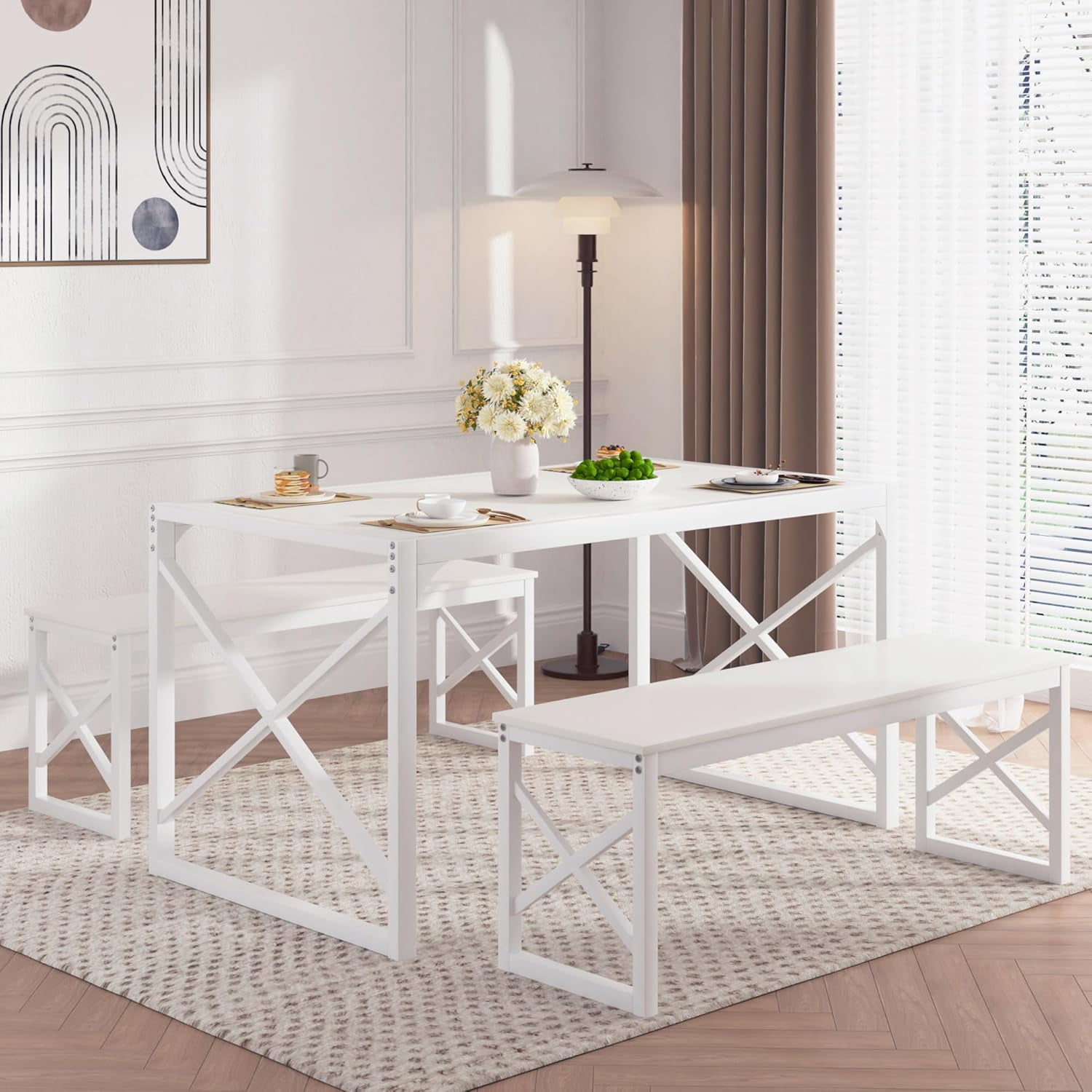 VECELO Kitchen Table with 2 Benches for 4, Wood Dining Room Dinette ...