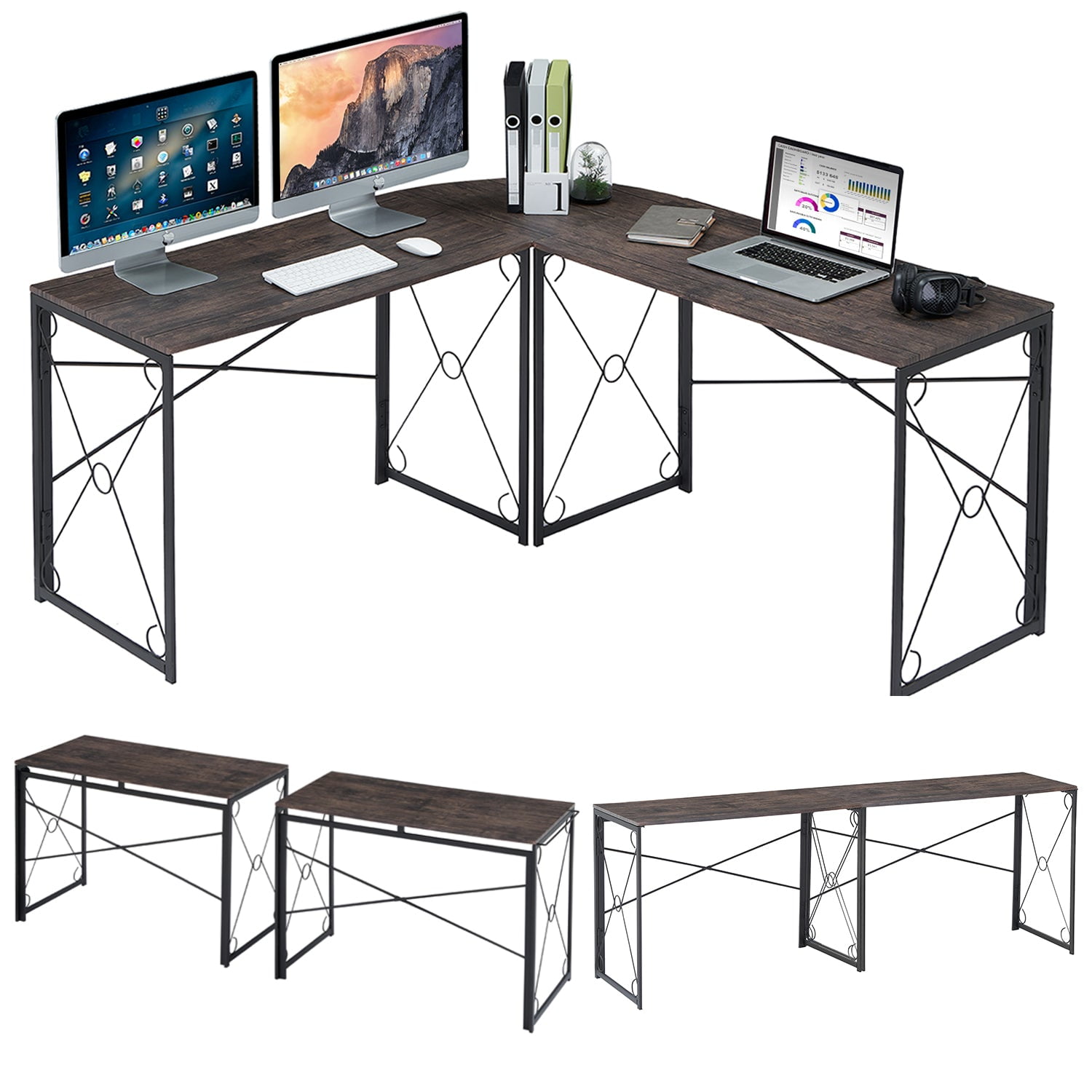 VECELO L Shaped Folding Computer Desk, Modern Corner Gaming/Writing ...