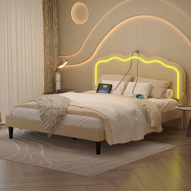 VECELO LED Bed Frame, Full Size Upholstered Platform Bed Frame with ...