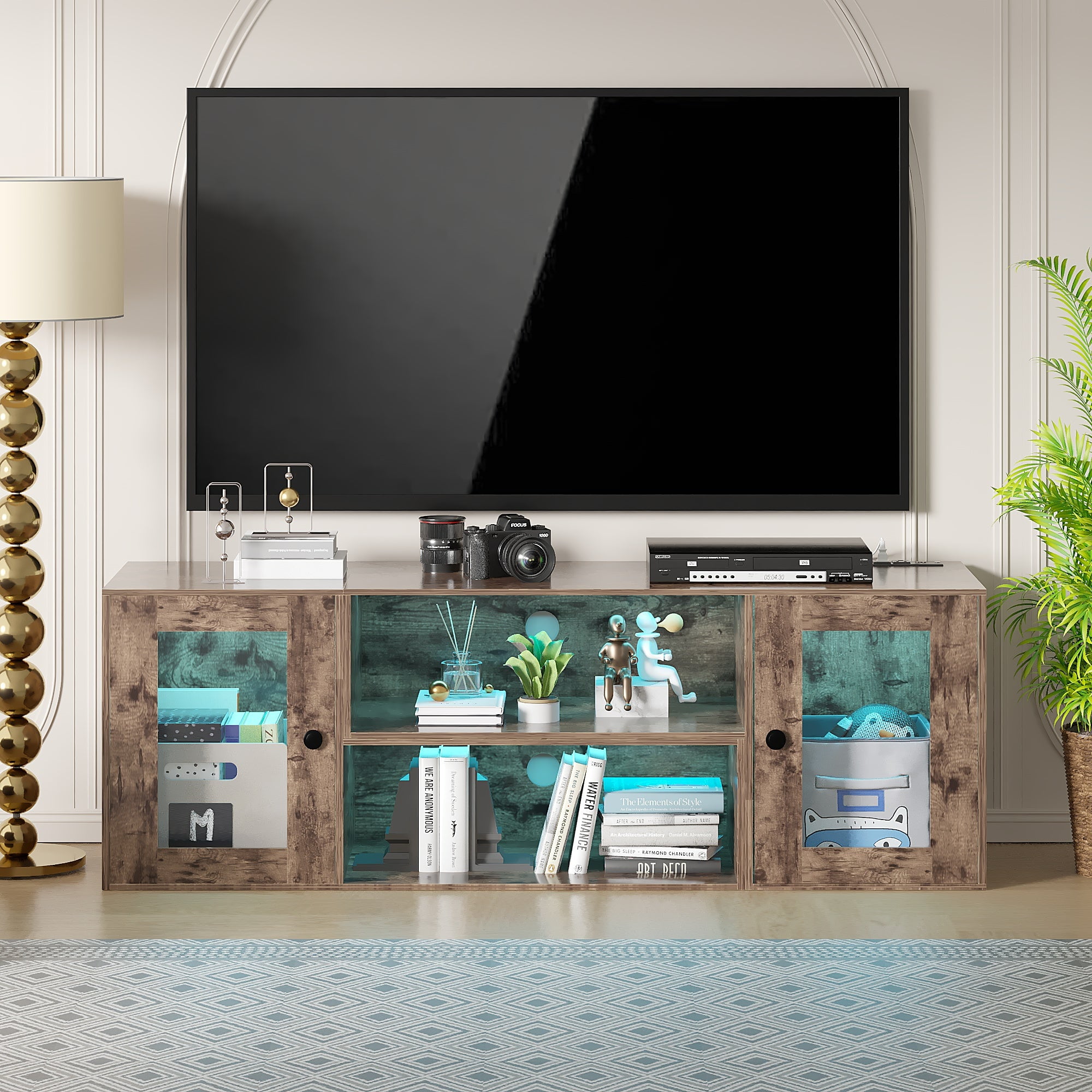 VECELO TV Stand for Tvs up to 70 inch with LED Lights, Modern ...