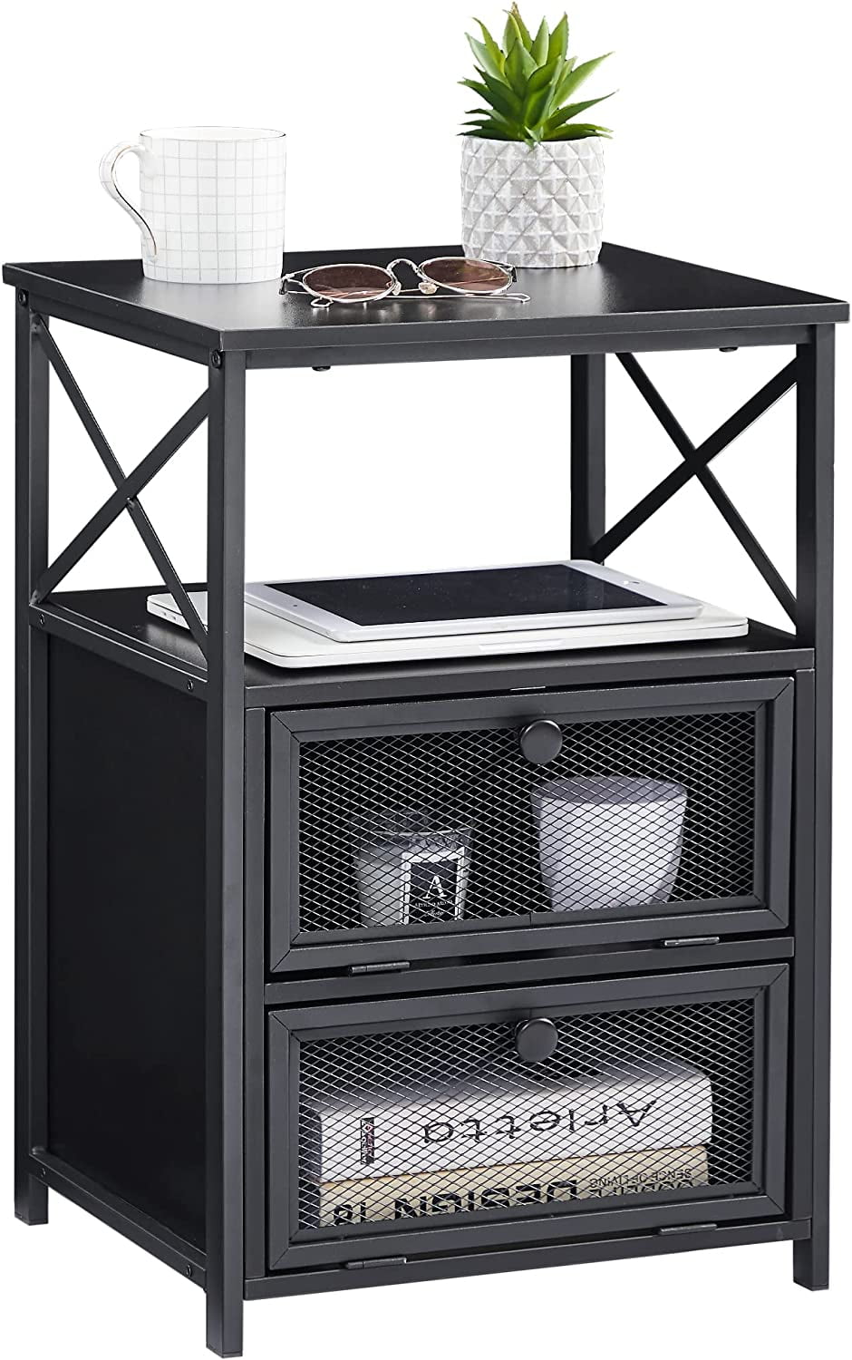VECELO Matte Black End Side Table, Modern Night Stand with Storage ...