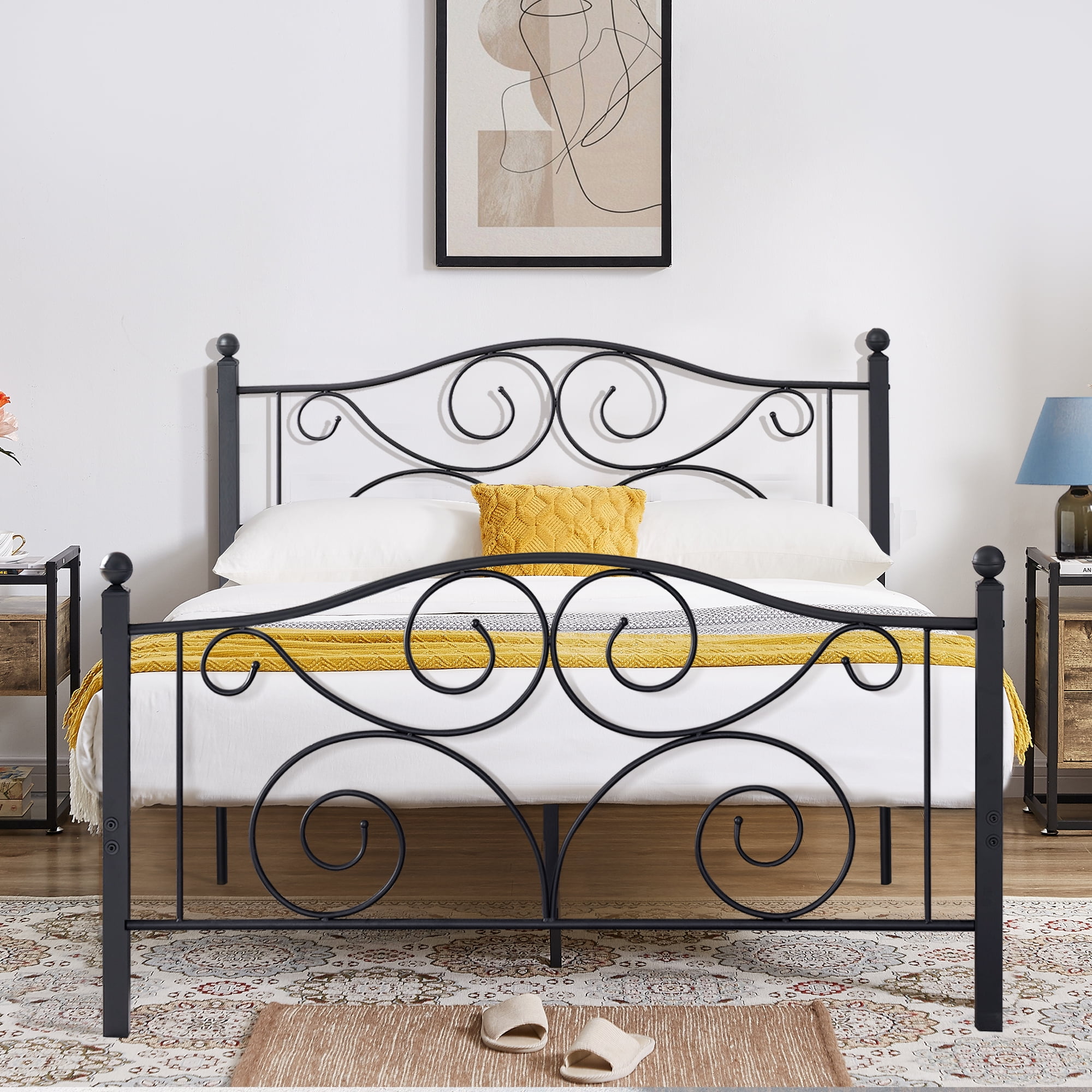 VECELO Vintage Iron Bed Frame, Full Size, Victorian Style Headboard and ...