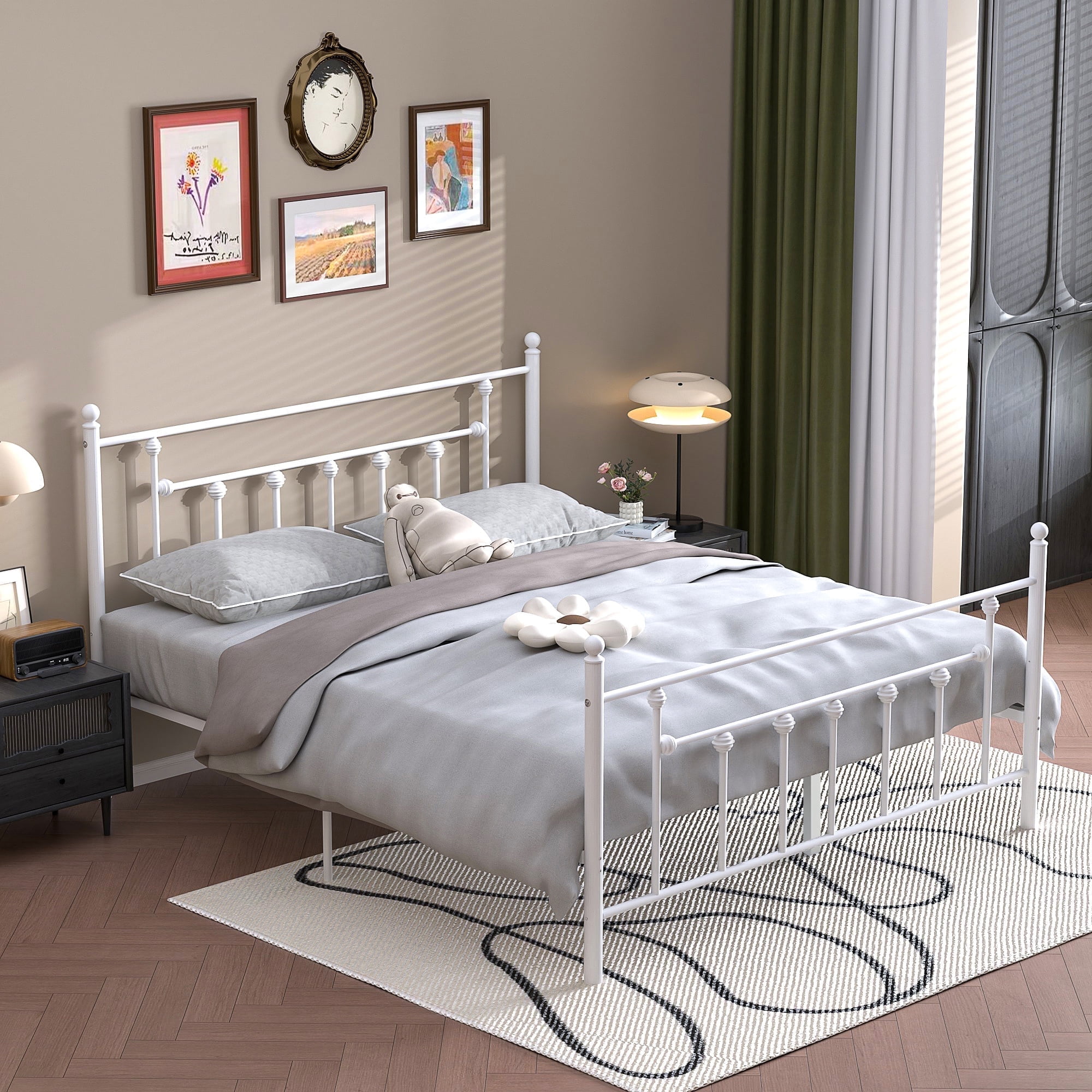 VECELO Full Size White Metal Bed Frame with Victorian Headboard and ...