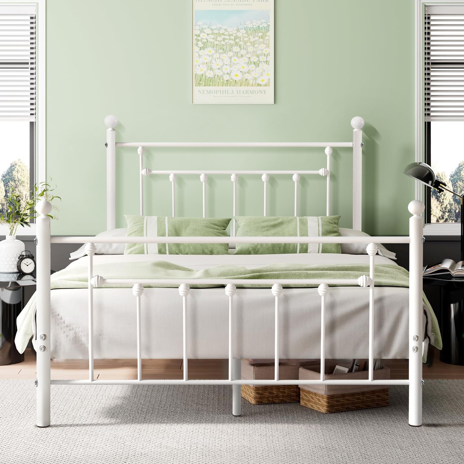 VECELO Full Size White Metal Bed Frame with Victorian Headboard and ...