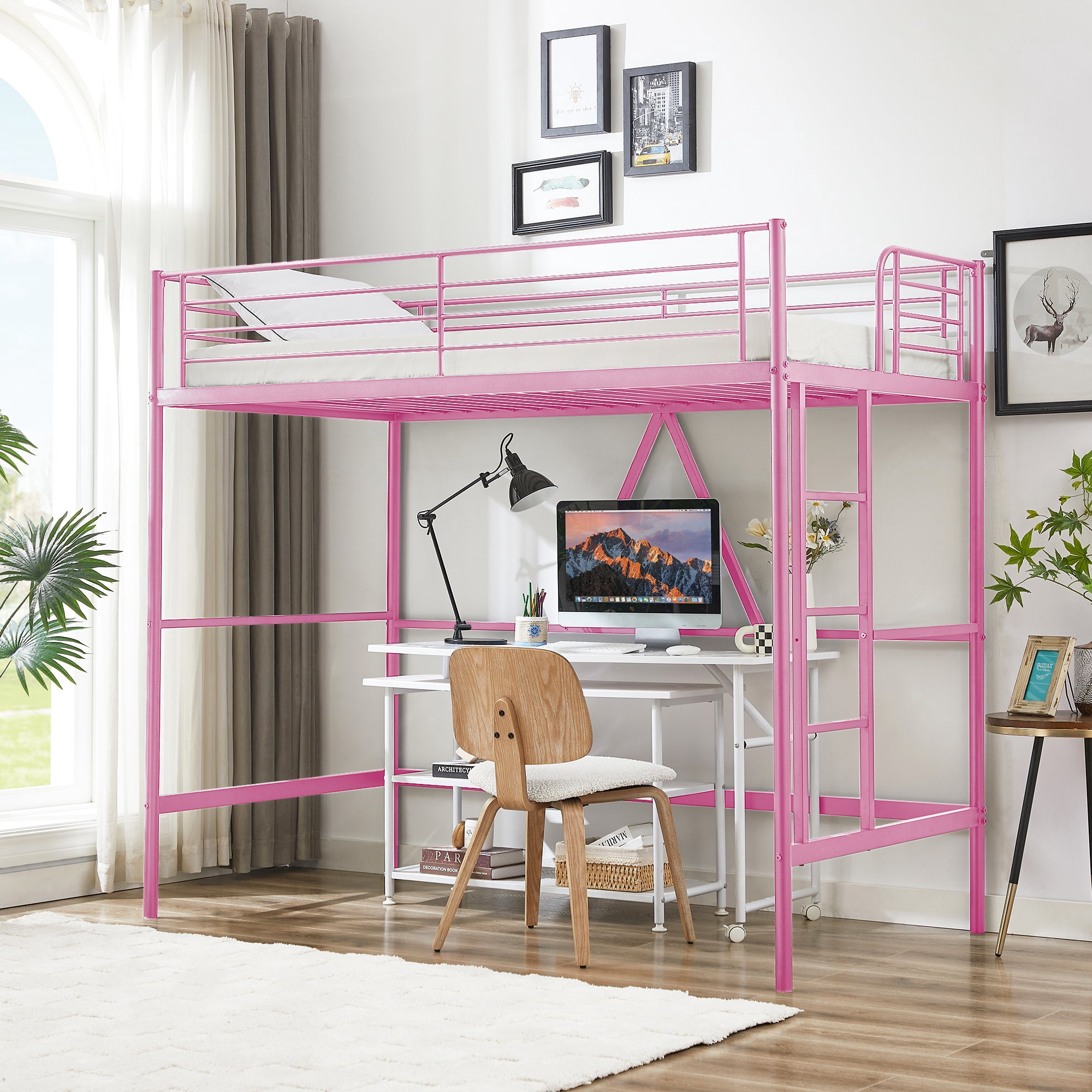 VECELO Metal Twin Size Loft Bed Frame with Stairs & Full-Length ...