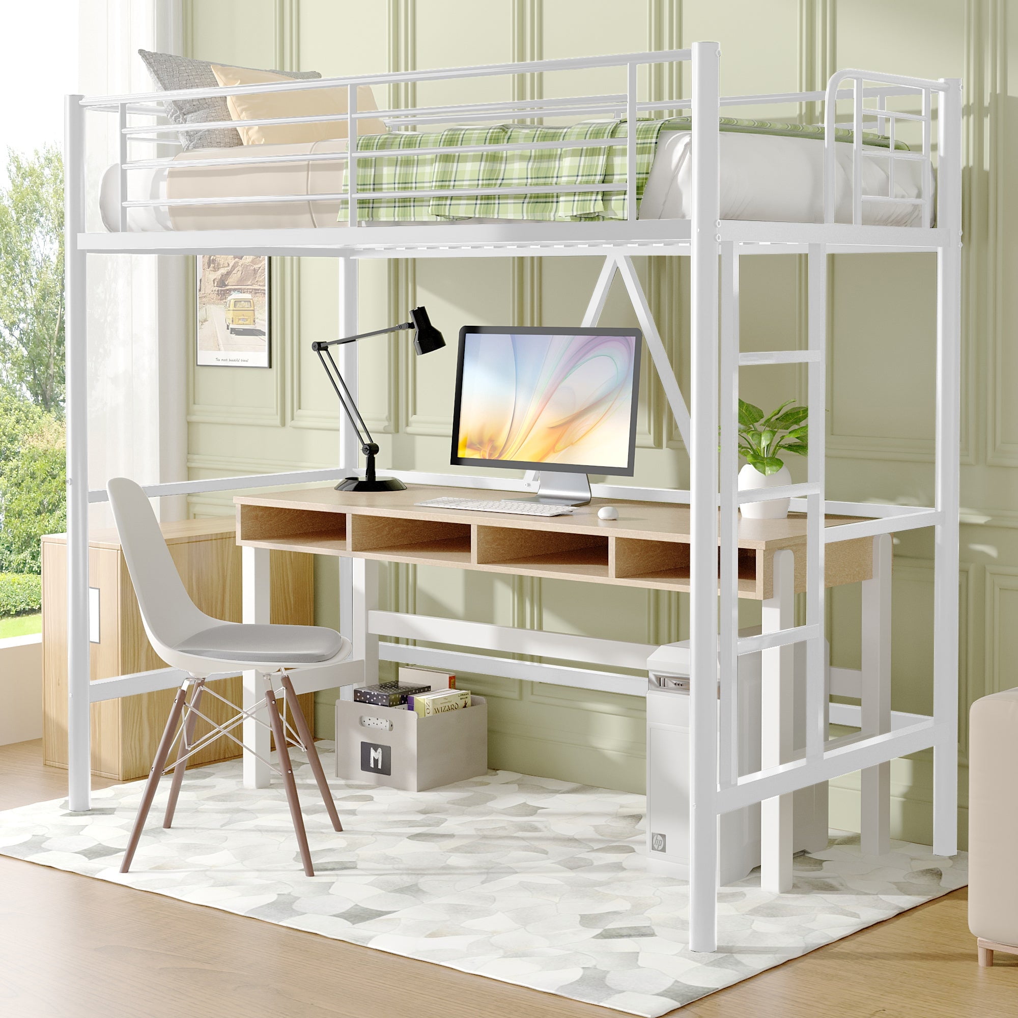 VECELO Metal Twin Size Loft Bed Frame with Stairs & Full-Length ...
