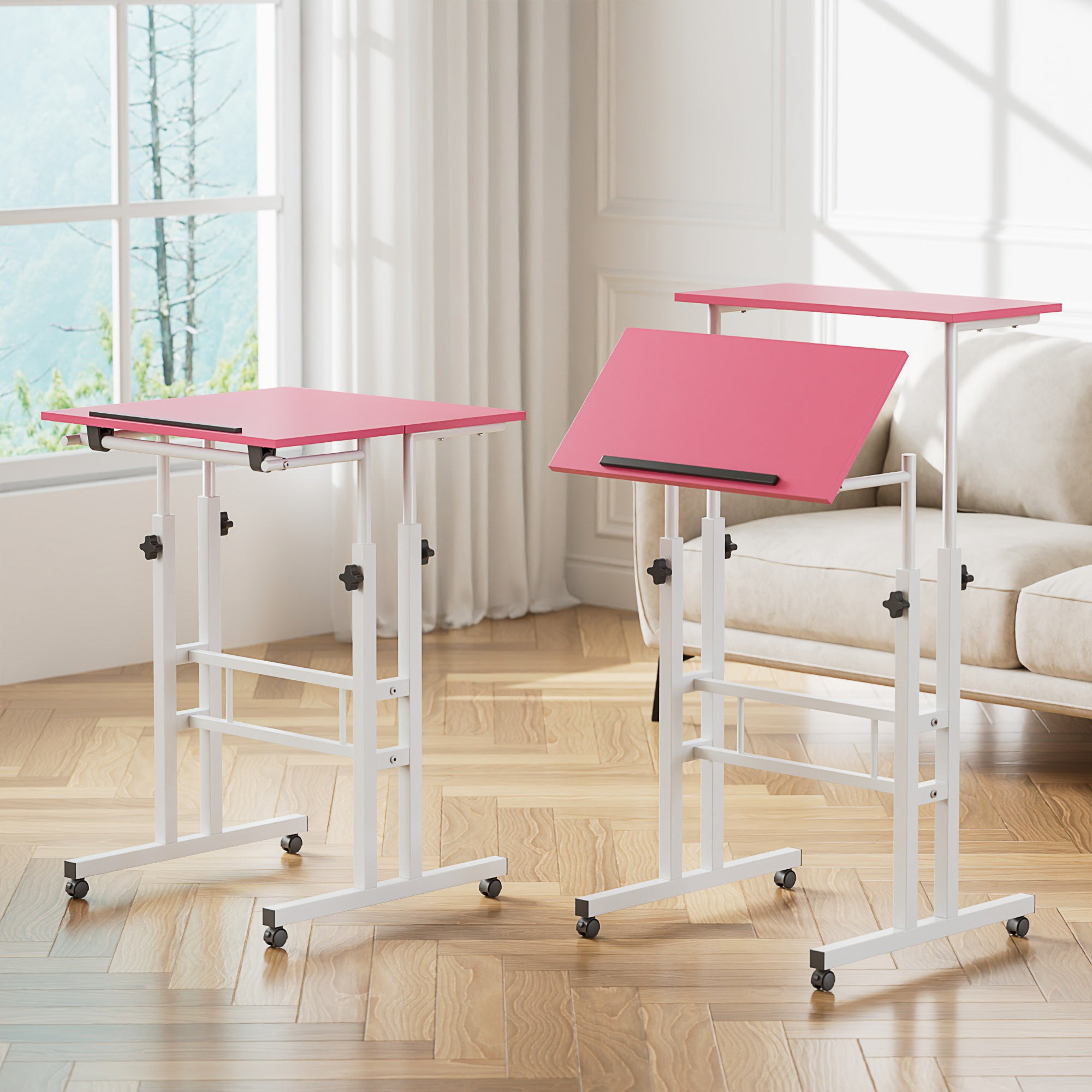 VECELO Mobile Tilting Computer Desk with Wheels, Adjustable Height ...