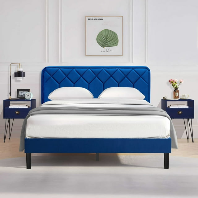 VECELO Modern 3-Piece Blue Bedroom Set, Full Upholstered Bed Frame with ...