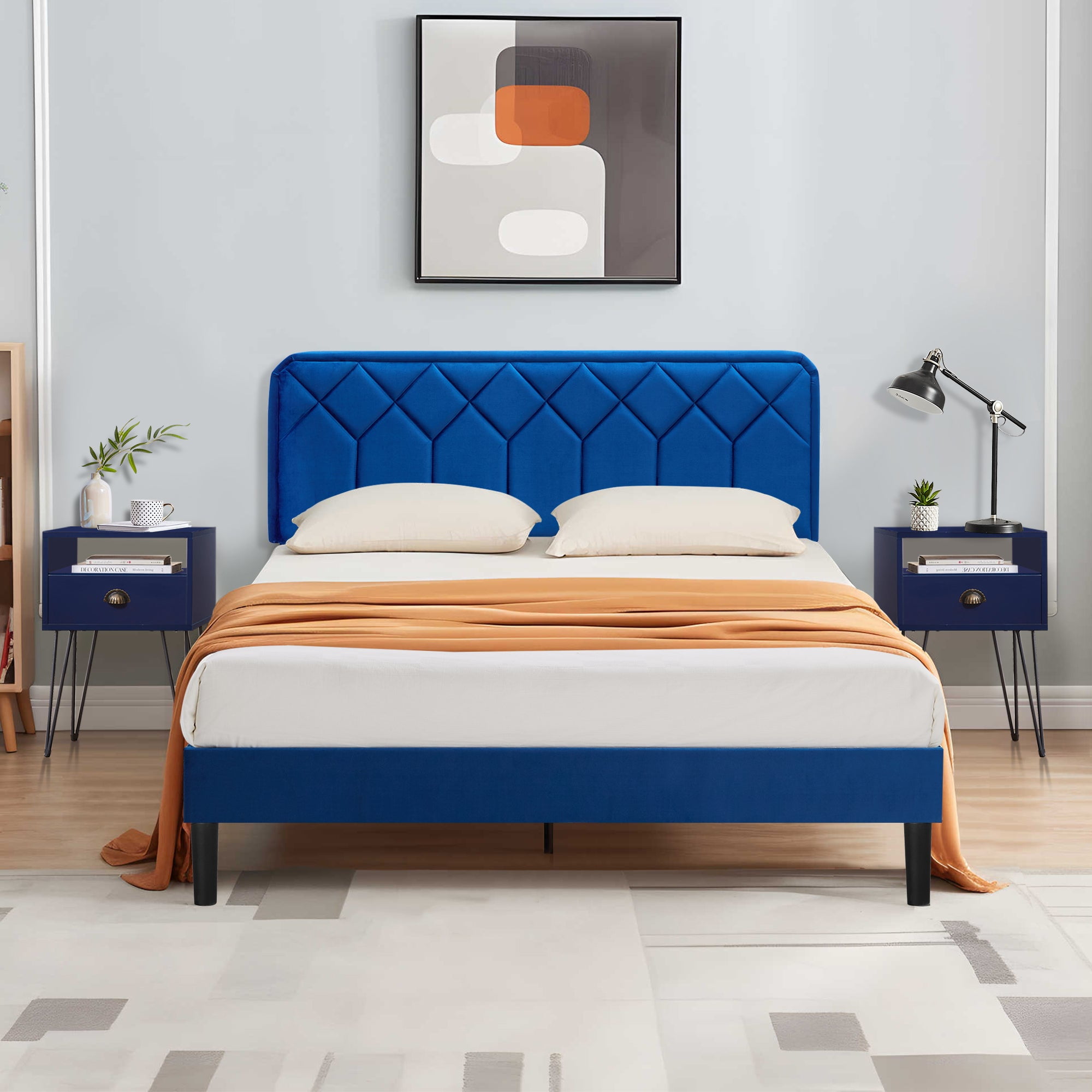 VECELO Modern 3-Piece Blue Bedroom Set, Queen Upholstered Bed Frame ...