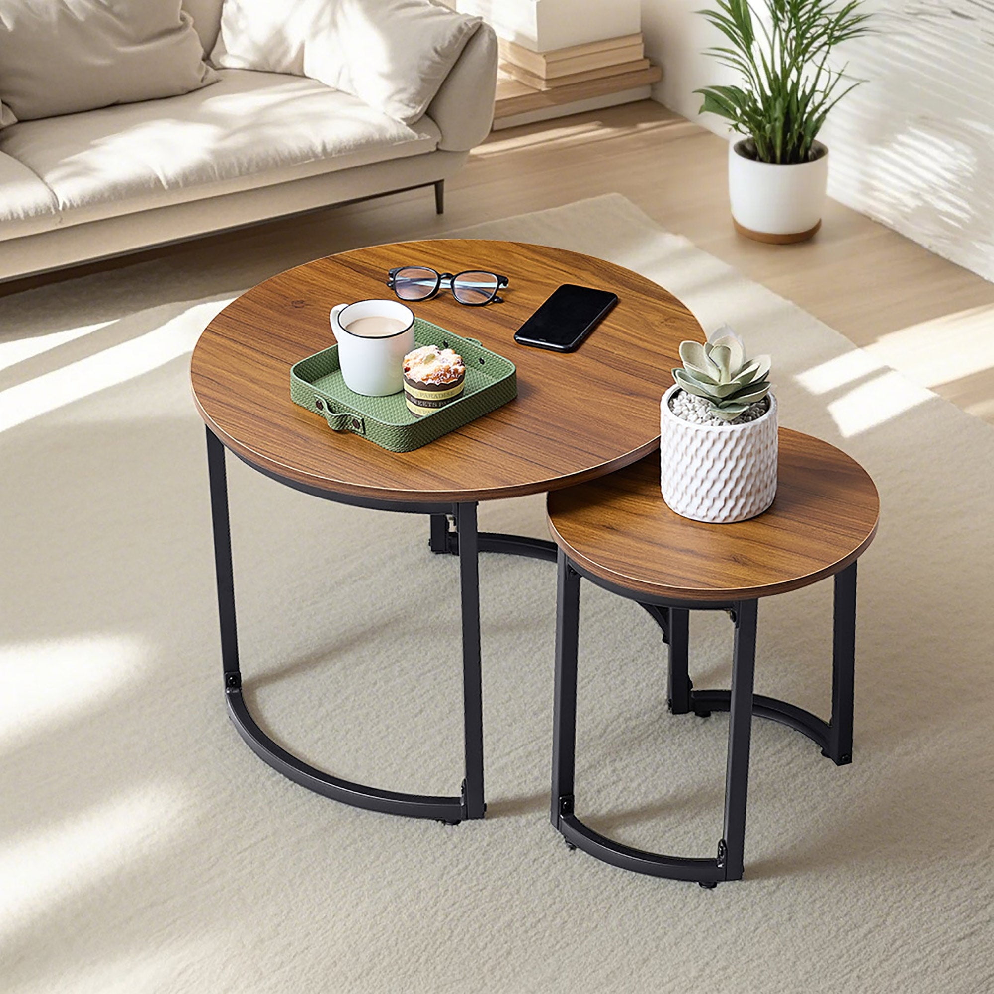 VECELO Nesting Coffee Table Set of 2, Modern Round Stacking Side Table ...