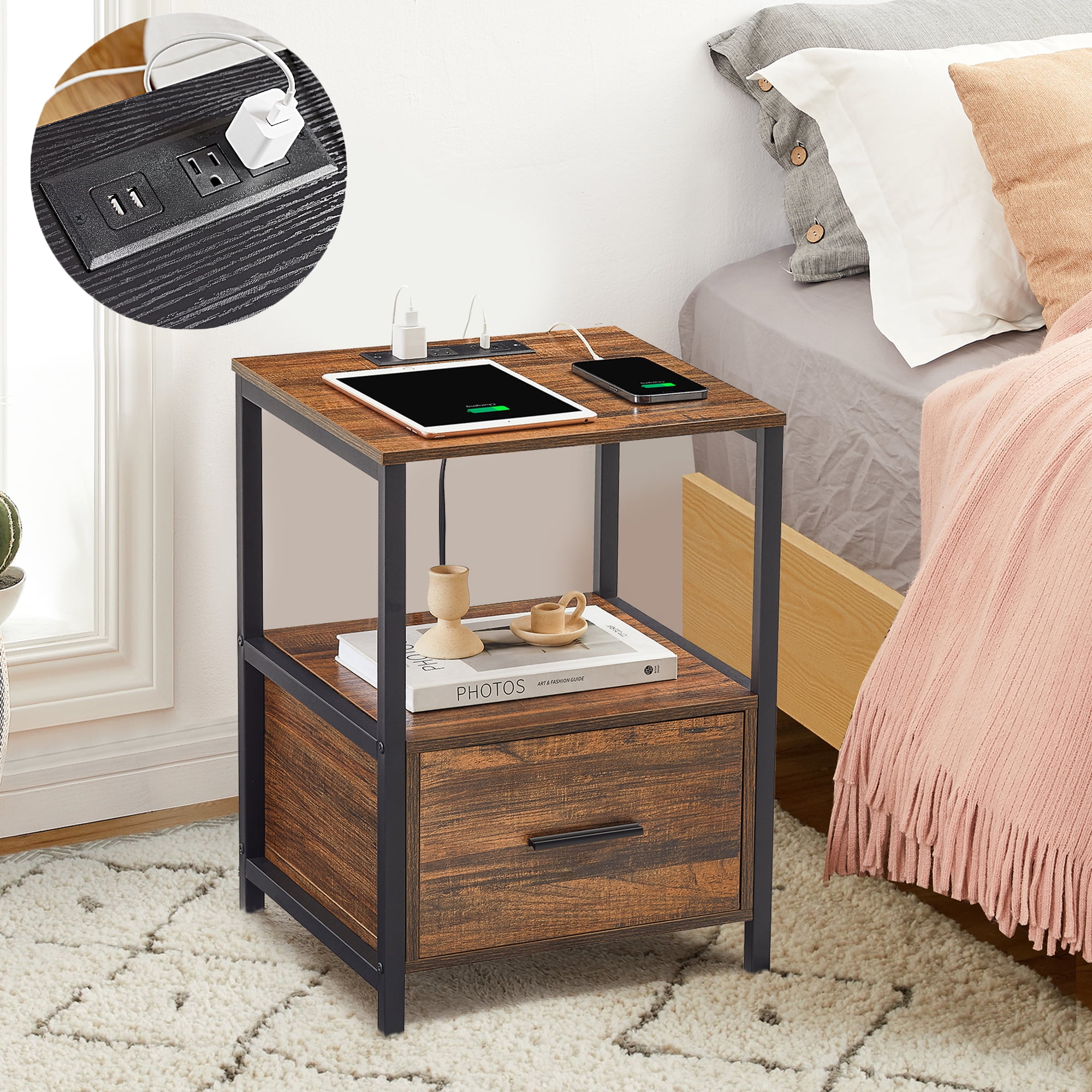 VECELO Rustic Wood Industrial Bedside Night Stand with Charging Station ...