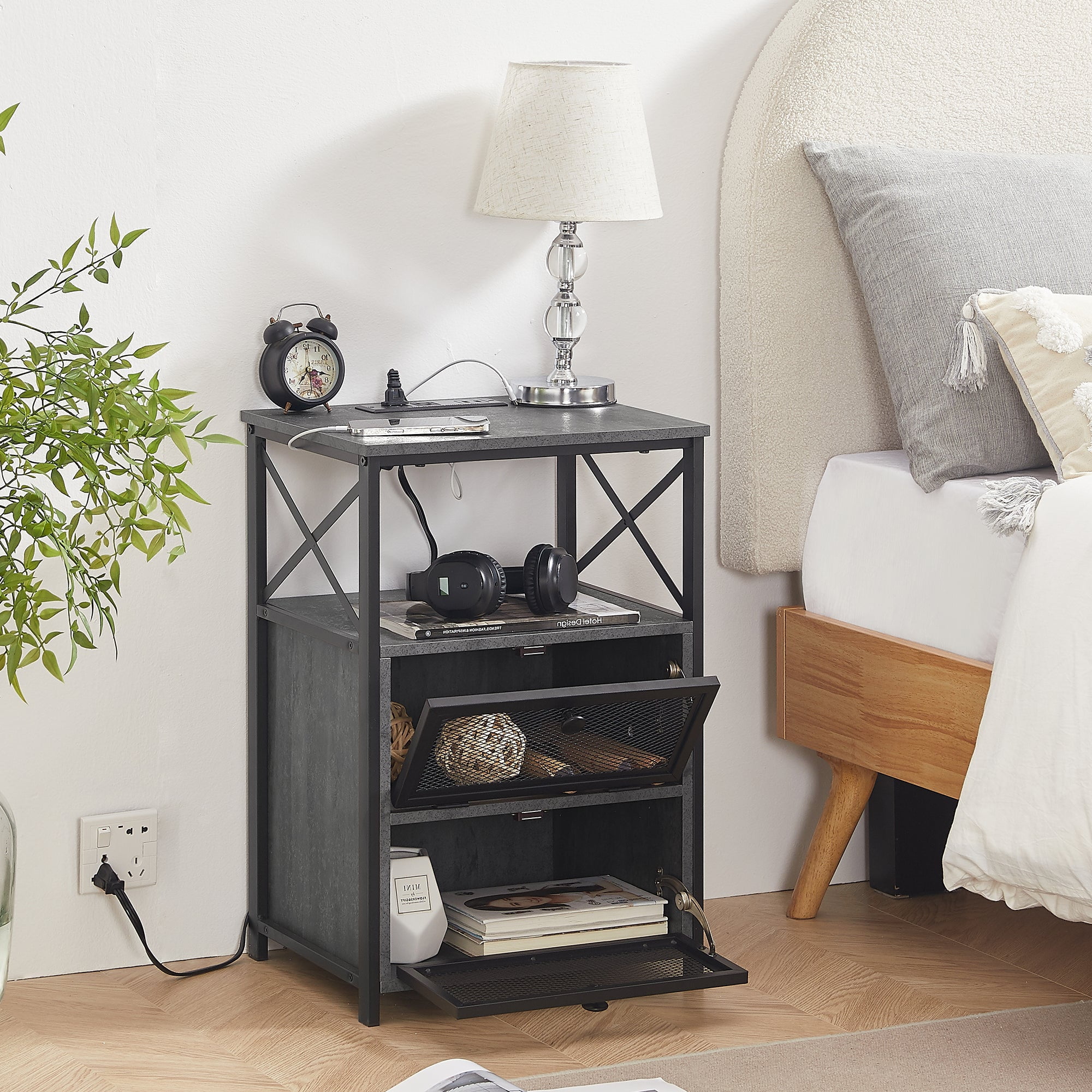 VECELO Nightstand with Charging Station & 2 Flip Drawers, Sofa Side End ...