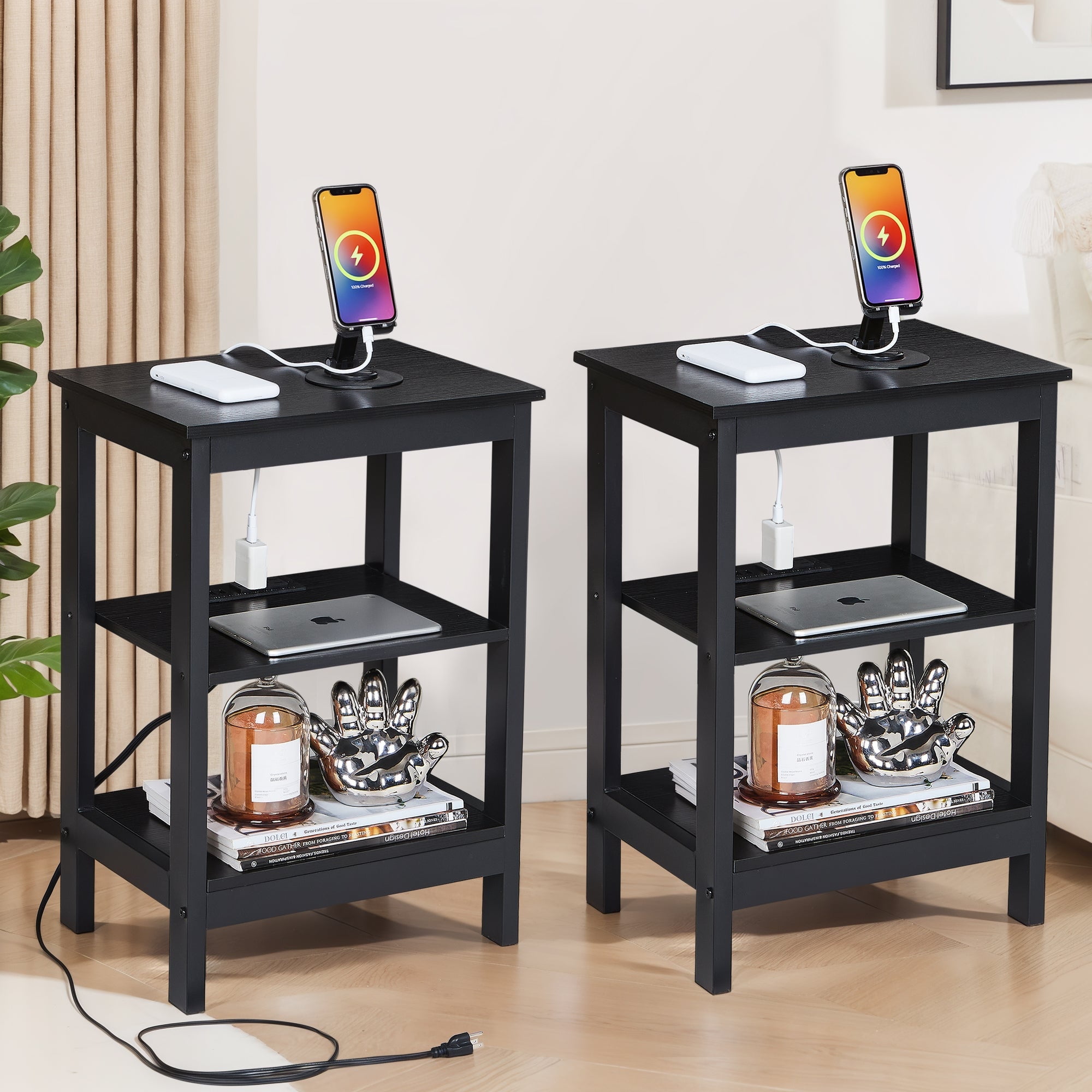 VECELO Nightstand with Charging Station, Set of 2 End Table with USB ...