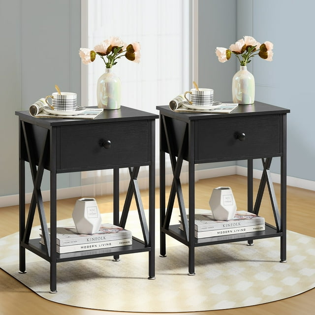 VECELO Nightstands Set of 2, Industrial End Table with 1-Drawer ...