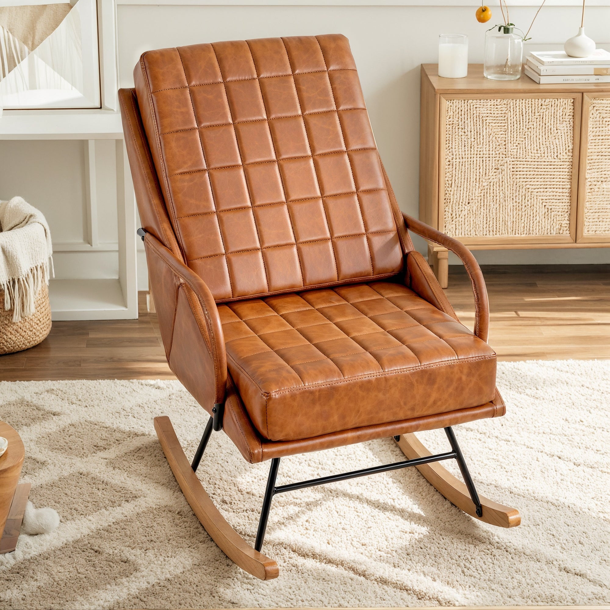 VECELO Nursery Rocking Chair with High Backrest, PU Leather Comfortable ...